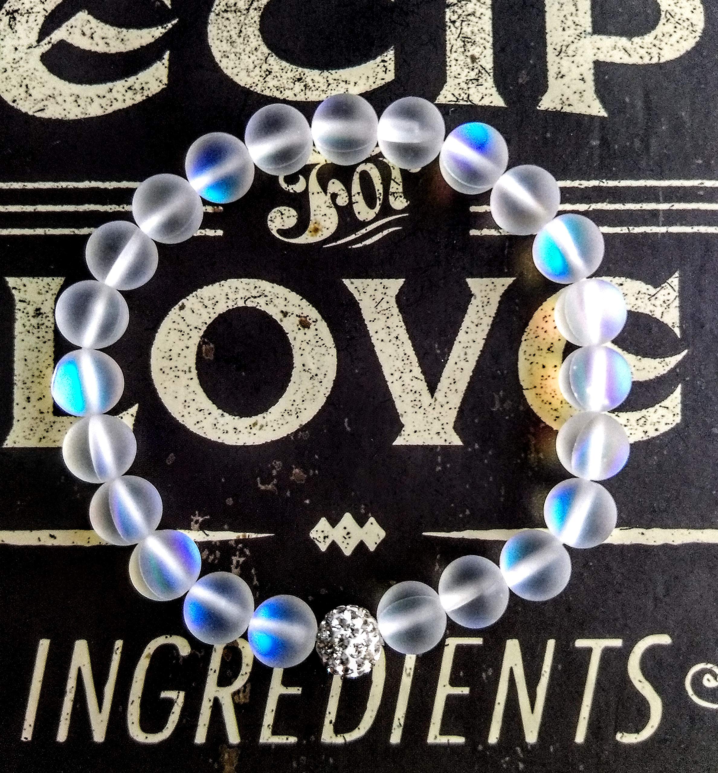 Hope Inspired Mystic Mermaid Glass Friendship Bracelet with 8 mm Frosted White Glowing Moonstone Beads