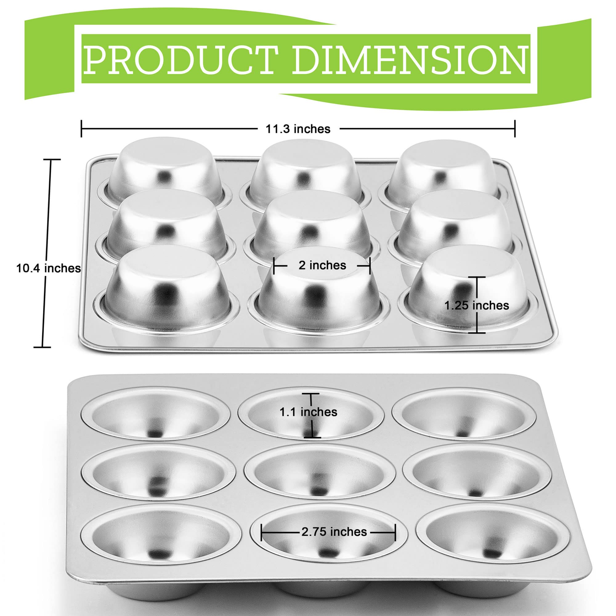 Herogo 2 Pack Stainless Steel Muffin Pan Tin for Baking, 9-Cup Metal Nonstick Cupcake Molds Tray Set for Making Egg Muffin, Mini Brownie, Easy to Clean & Quick Release, Oven & Dishwasher Safe