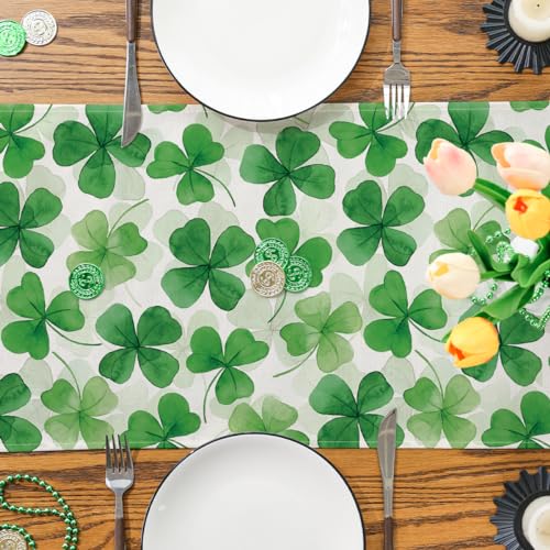 Siilues St Patricks Day Table Runner, Lucky St Patricks Day Decor Green Shamrock Seasonal Spring Holiday Table Decorations for Indoor Outdoor Dining Table Decor (13'' x 72'')