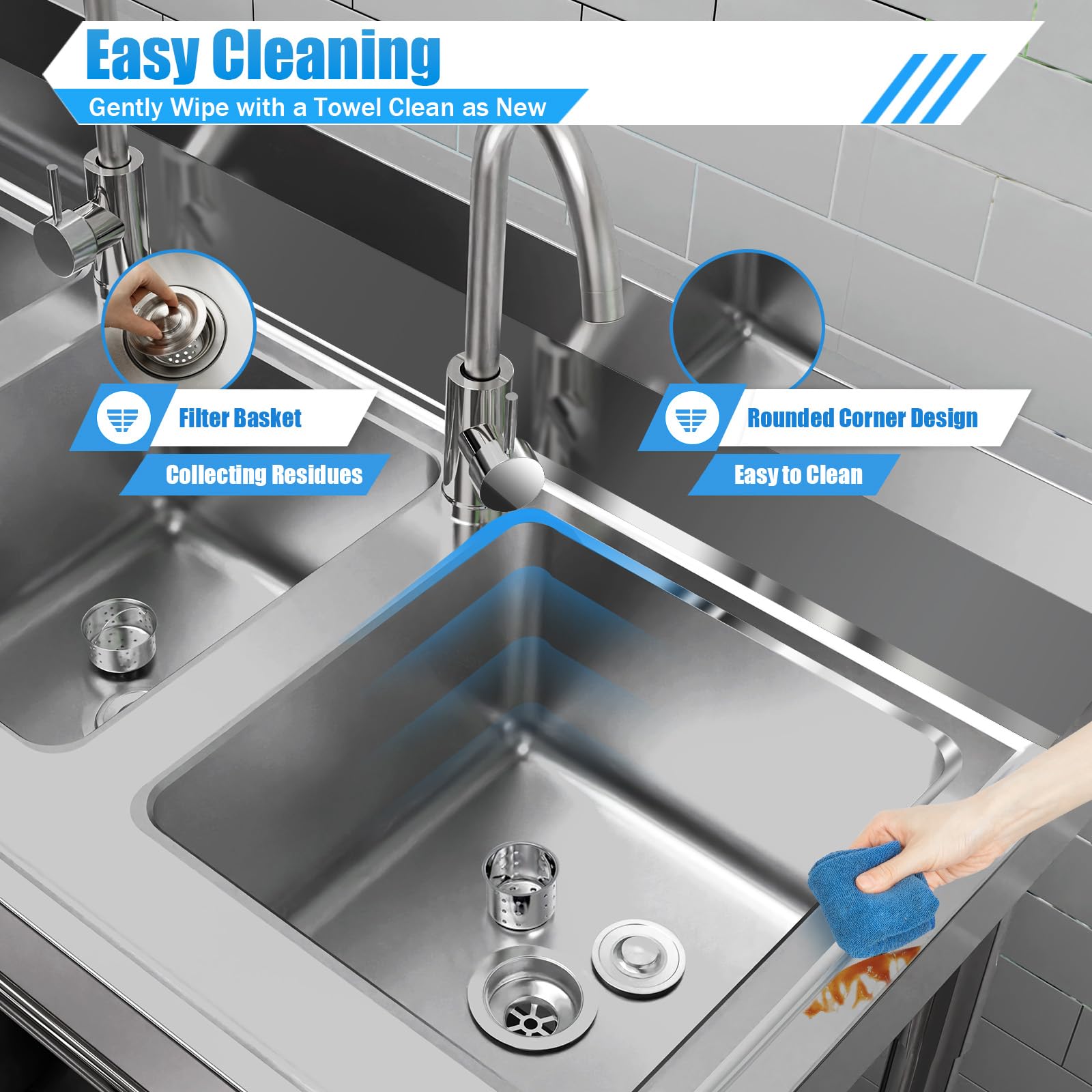 Surneis Sink, Stainless Steel Sinks, Commerical Sink Cooking Sink 3-Compartment H-shaped construction Food Truck Sink 304 Stainless Steel Utility Sink for Use In Restaurants, Canteens, Snack Bars