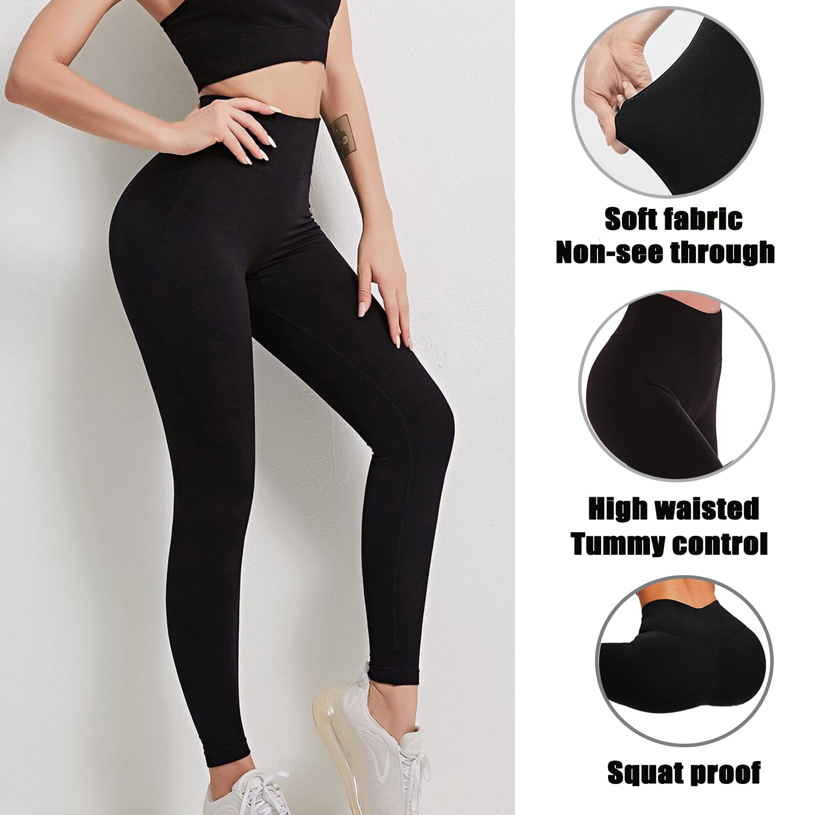 Hi Clasmix 5 Pack Super Soft Leggings with Pockets for Women-High Waisted Tummy Control Workout Yoga Running Gym Fitness Active Pants（5 Pack Black Leggings with Pockets,L-XL）