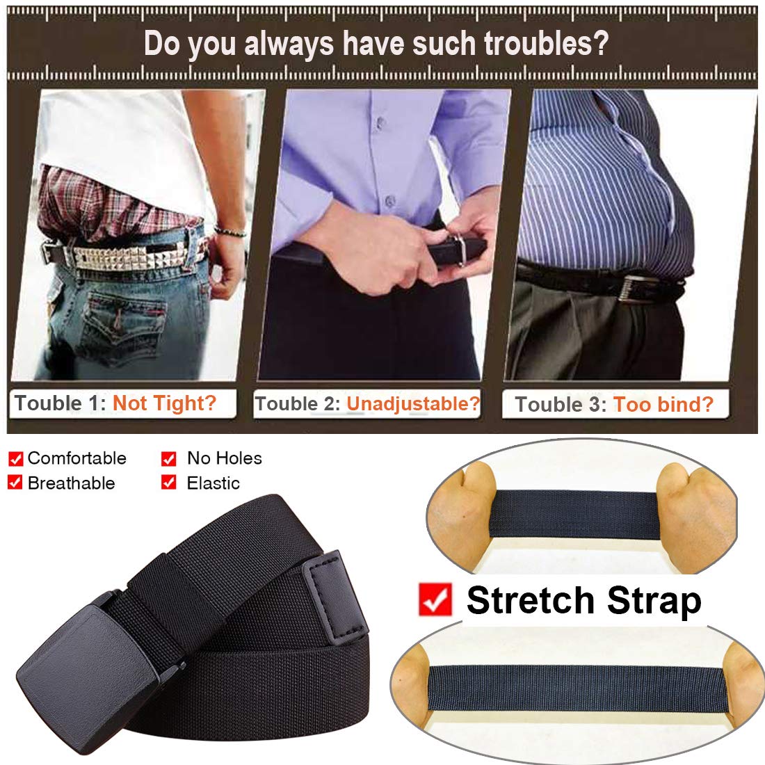 HOANAN 2-Pack Elastic Stretch Belt, Men’s All Size No Metal Nylon Tactical Hiking Belt (Blackgrey, Fit up to 36")