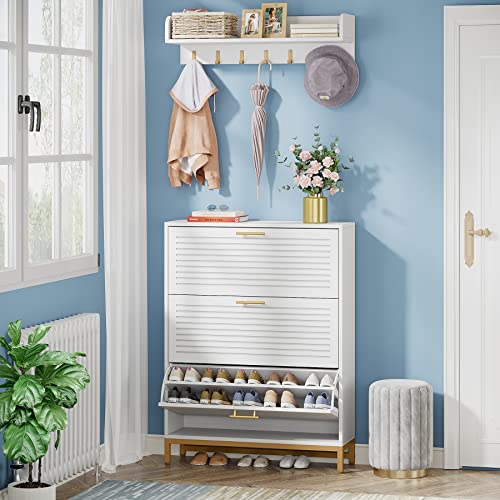 Tribesigns Narrow Shoe Cabinet, Shoes Cabinet and Coat Rack Set, Flip Drawer Shoe Storage Cabinet for Entryway, White Shoe Organizer Cabinet