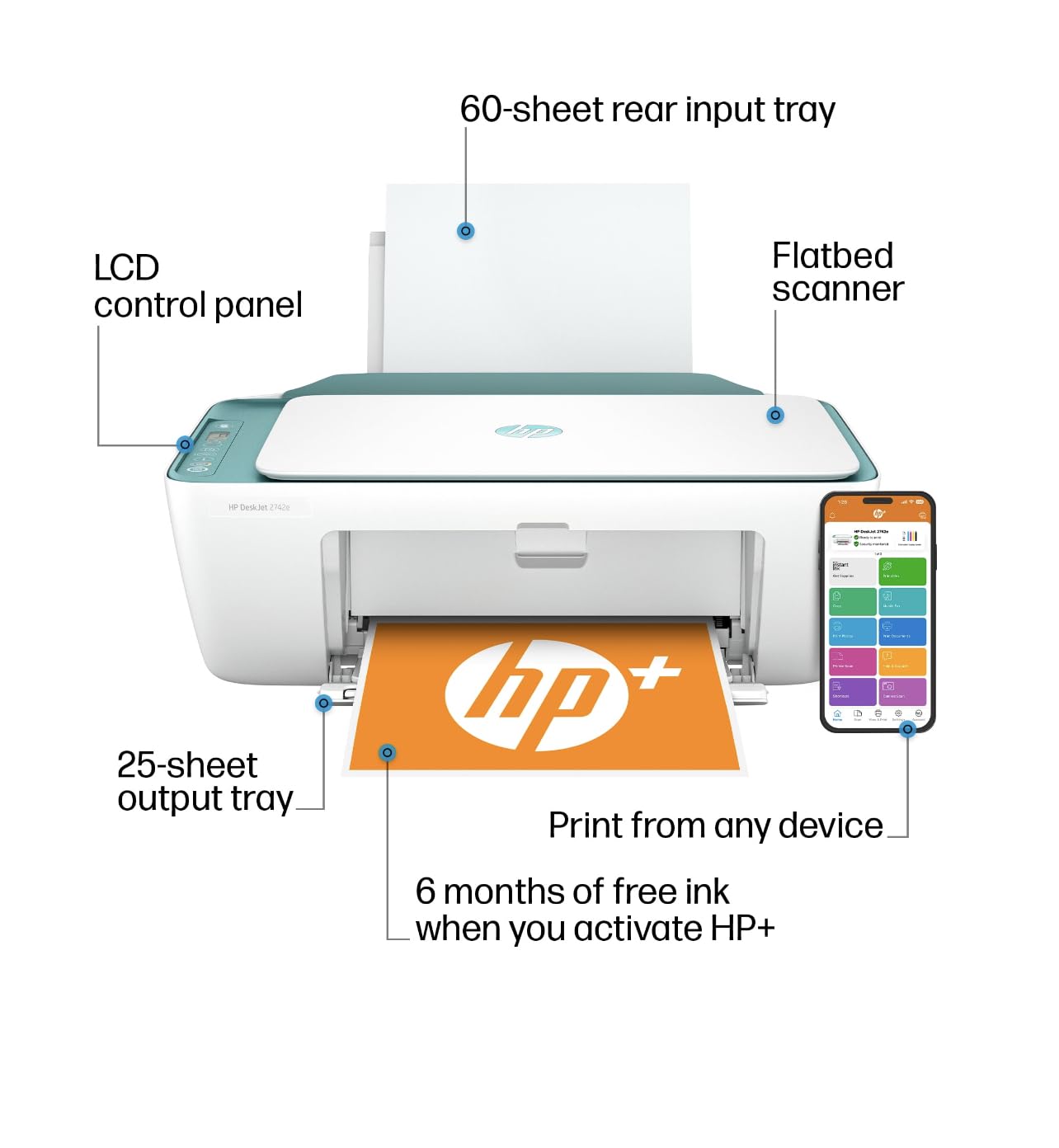 HP DeskJet 2742e All-in-One Wireless Printer Scan Copy Mobile Printing Scan to PDF, 4800 x 1200 DPI, Apple AirPrint Bluetooth USB Wi-Fi Enabled, Up to 7 ISO ppm, Icon LCD Display 7 Buttons (Renewed)