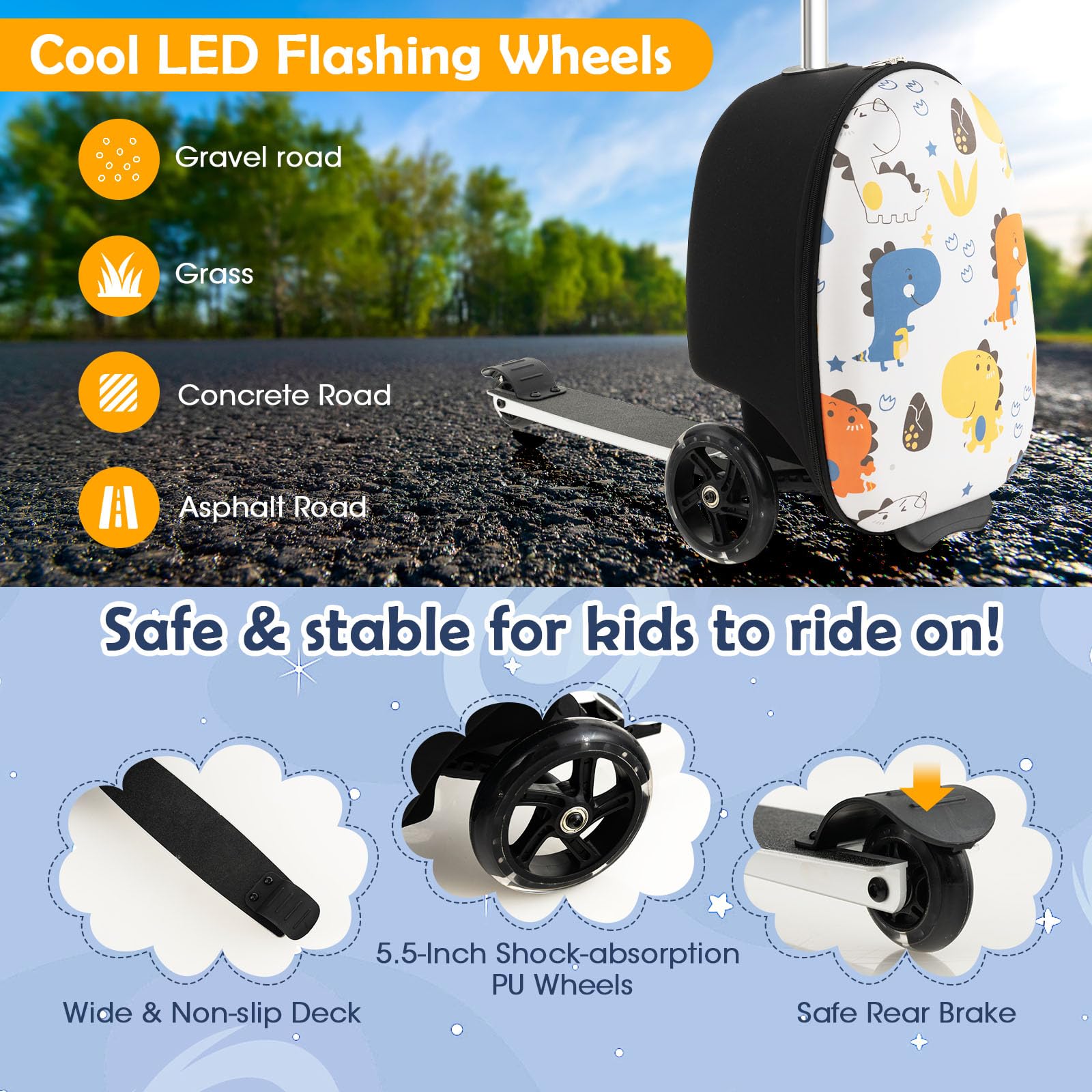 Goplus 2-in-1 Ride On Suitcase Scooter for Kids, 20ββ Carry on Luggage with LED Flashing Wheels, Waterproof Shell, Retractable Steering Handle, Lightweight Folding Scooter for Boys Girls (Dinosaur)