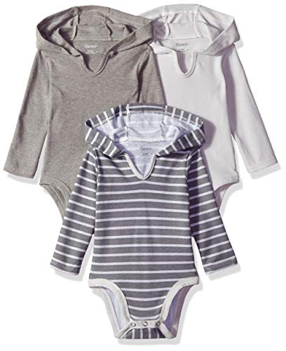 Hanes, Ultimate Flexy Hoodie Long Sleeve Bodysuit, Babies and Toddlers, 3-Pack, Grey Stripe, 12-18 Months