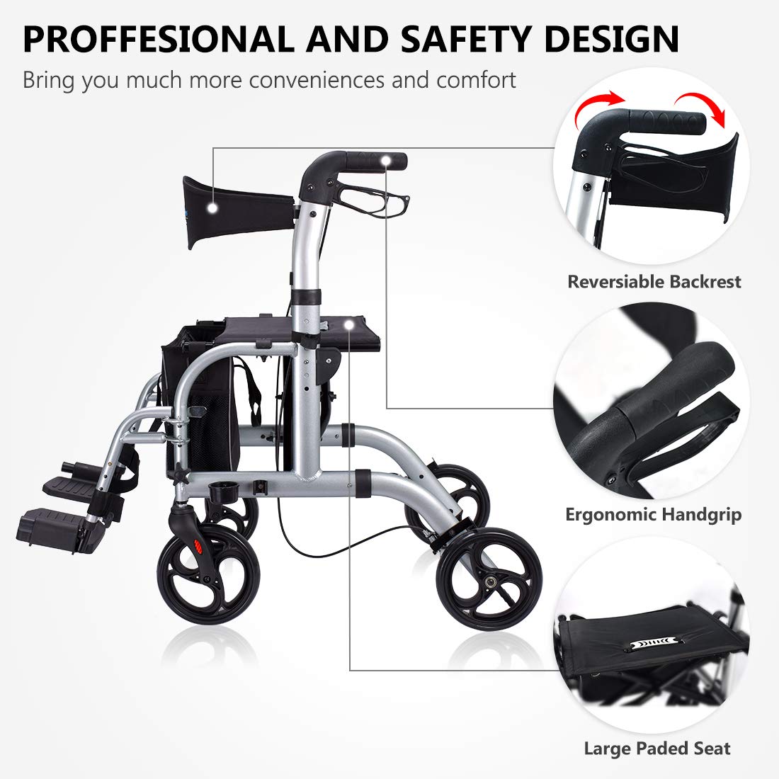 Health Line Massage Products 2 in 1 Rollator-Transport Chair w/Paded Seatrest, Reversible Backrest and Detachable Footrests, Silver White