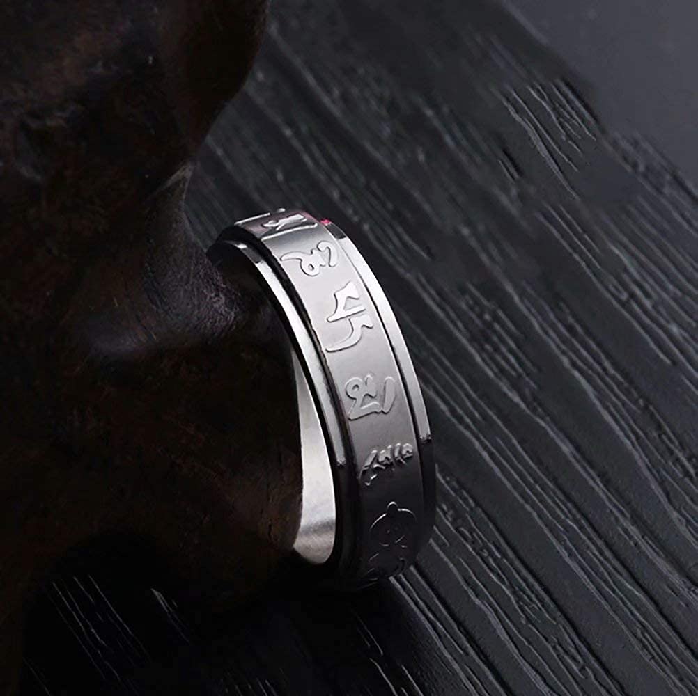 JAJAFOOK 316L Stainless Steel Tibetan Buddhist Mantra Scriptures Om Mani Padme Hum Lucky Spinner Ring,Silver 7
