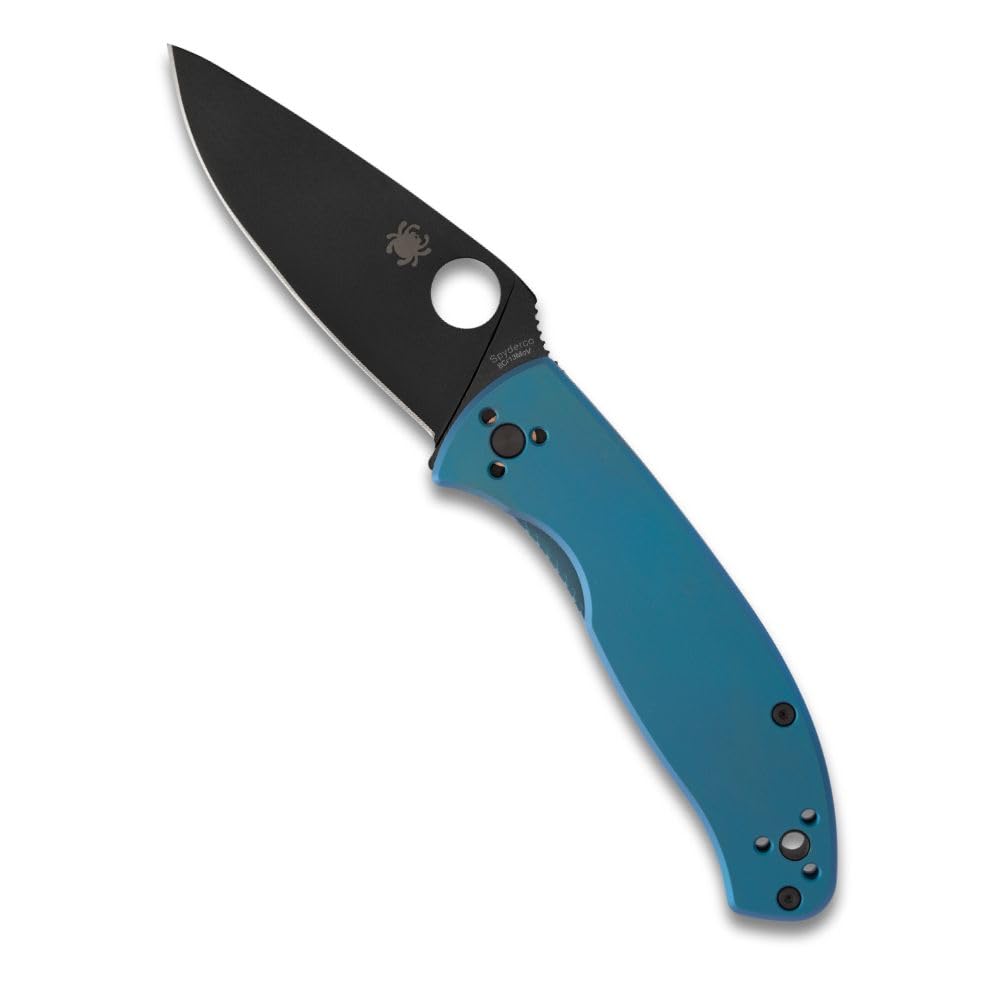 Spyderco Tenacious Folding Utility Pocket Knife with 3.35 In R.I.L. Blue Titanium Black Blade and Durable Handle - Everyday Carry - PlainEdge - C122TIBLBKP