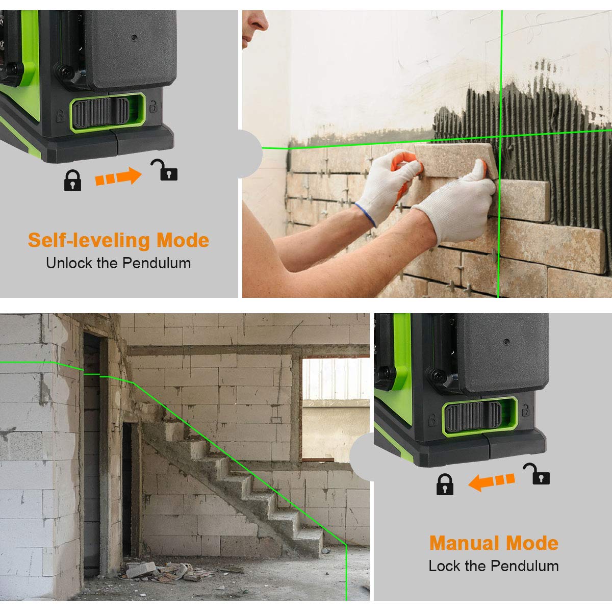 Huepar 3D Green Beam Self-Leveling Laser Level 3 x 360 Cross Line Three-Plane Leveling and Alignment Tool -Two 360 Vertical and One 360 Horizontal Line -Magnetic Pivoting Base GF360G