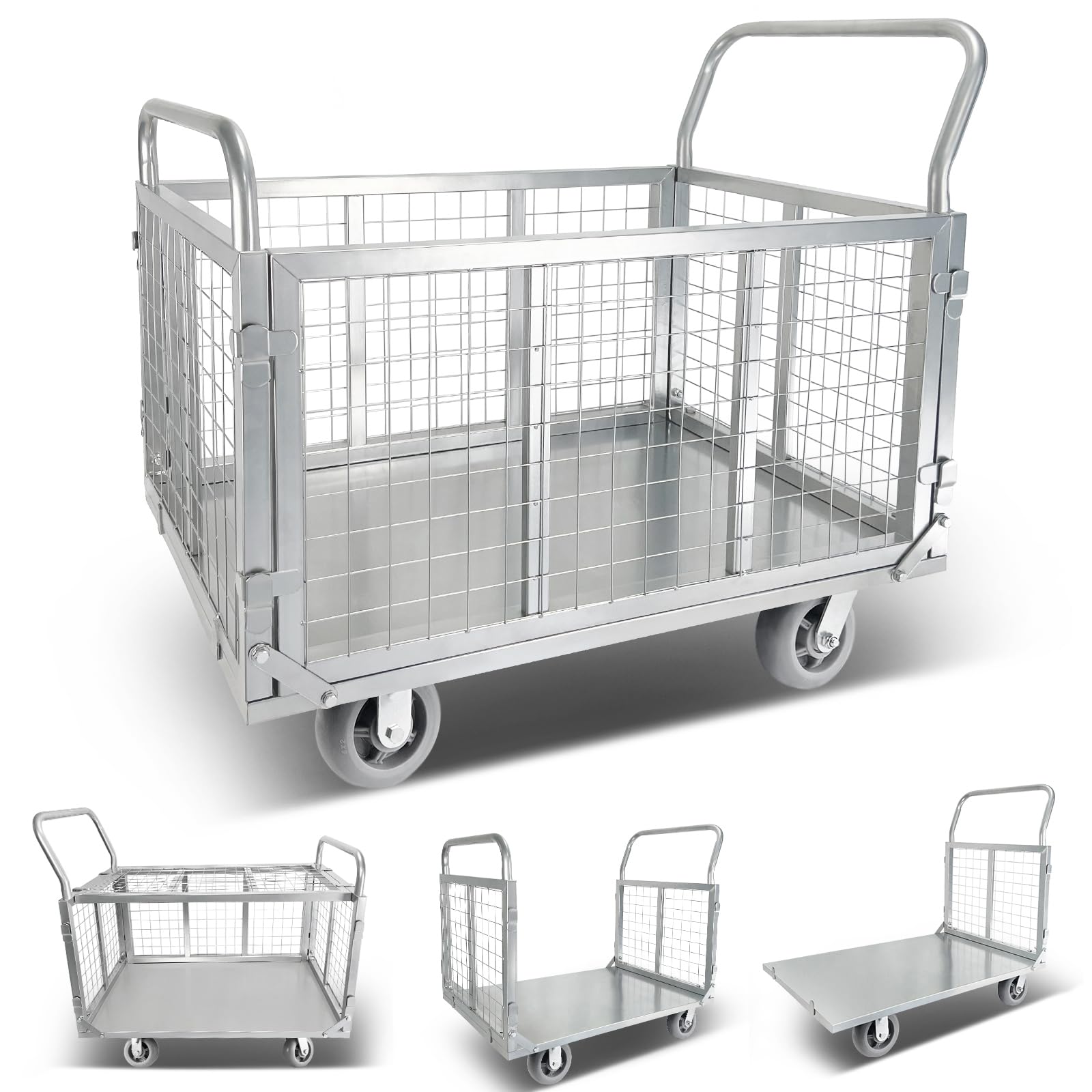 Platform Truck Cart with Cage 4-in-1 Heavy Duty Push Cart Dolly Load 1800LBS W/Swivel Casters, Multipurpose Heavy-Duty Platform Hand Truck Dolly Flatbed Cart for Grocery/Stall/Storage (39" x24")