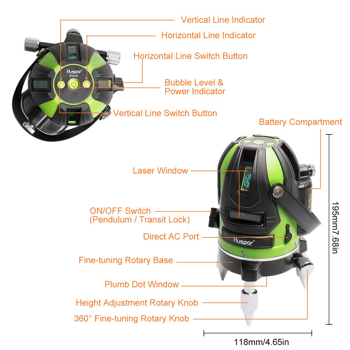 Huepar Green Beam Multi - Line Laser Level -Four Vertical and One Horizontal Lines with Down Plumb Dot -Alignment Self-leveling Laser Tool -360° Rotating Base, Hard Carrying Case Included 6141G