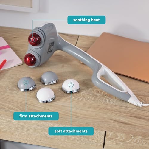 Homedics Back Massager - Heated Automatic Percussion Back, Body and Neck Massager with Duel Pivoting Heads, Interchangeable Nodes, for Shoulders, Legs and Feet, White