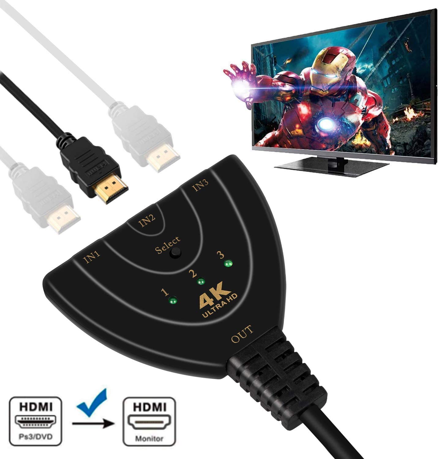 HDMI Switch, 3 Port 4K HDMI Switch 3 in 1 Out with High Speed Switch Splitter Pigtail Cable Supports Full HD 4K 1080P 3D Player