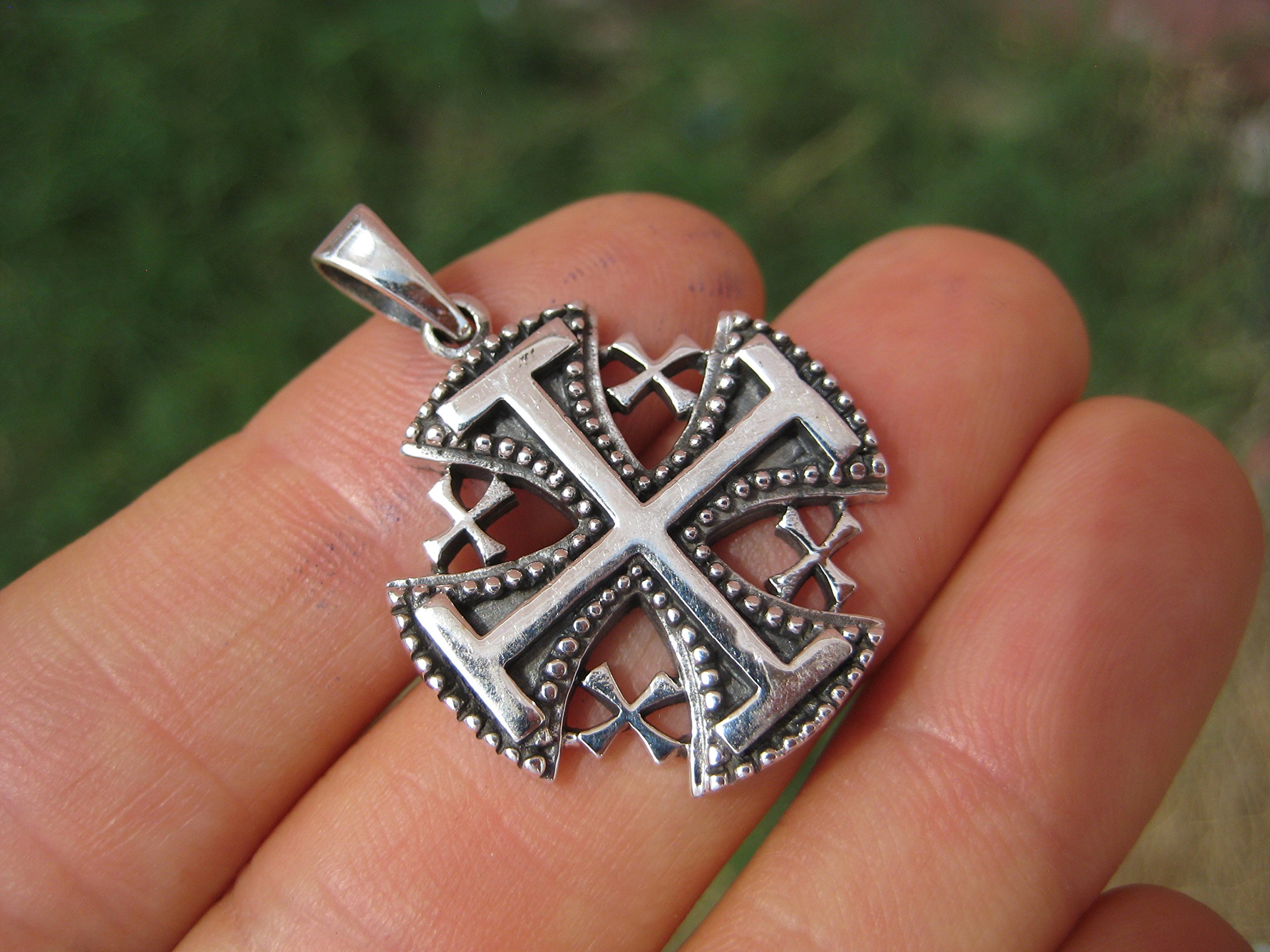 Himalayan Treasures 925 Sterling Silver Jerusalem Cross Fivefold Cross Crusaders Cross Emblem Medal Pendant Necklace A12