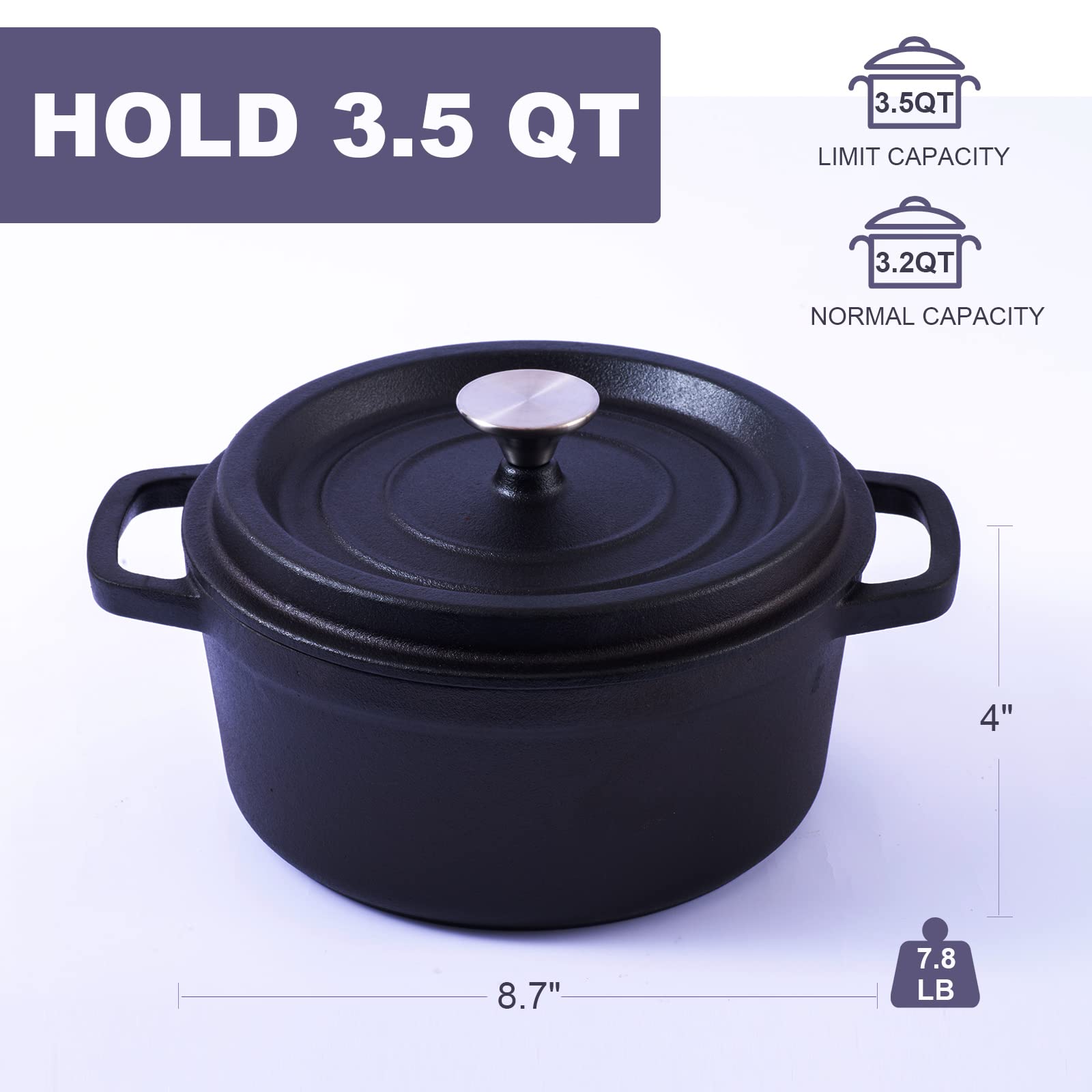 HOOEMD 3.5-Quart Nonstick Cast Iron Dutch Oven Pot with Lid, 8″ wide Small Cocotte for 2-3 People Bread Baking Use on Gas Electric Oven - Black