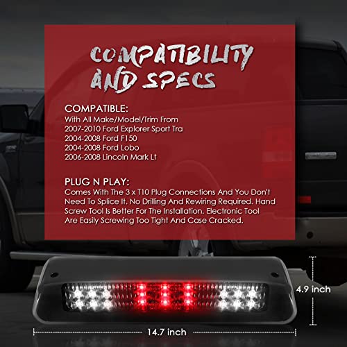 High Mount Waterproof Dual Row LED 3rd Third Tail Rear Brake Light Cargo Lamp Replacement For 2004 2005 2006 2007 2008 Ford F-150 Lincoln Mark LT (Smoke Lens)