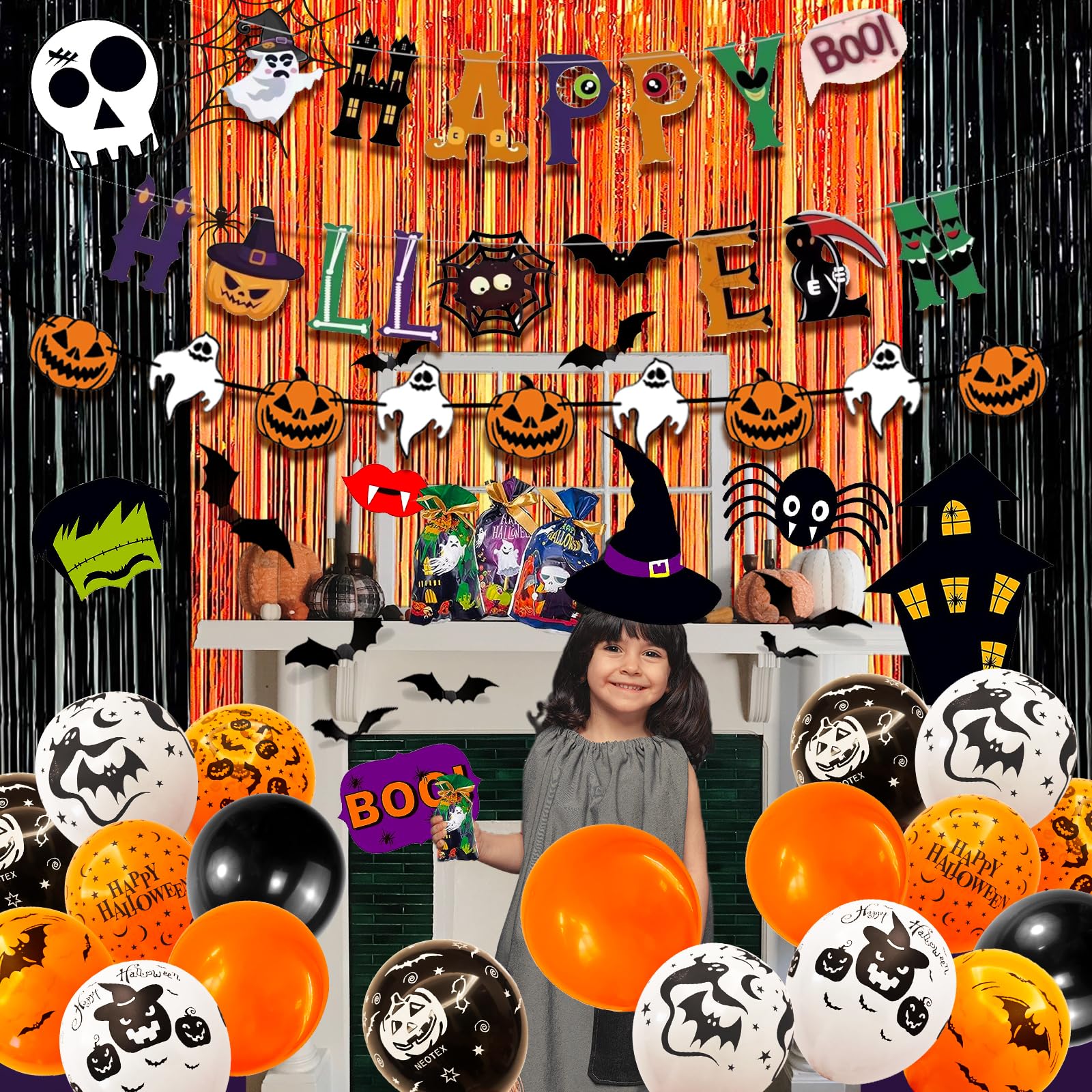 UJoyant 101 Pcs Halloween Party Decorations, Halloween Party Supplies - Ghost and Bat Pumpkin Banner, Halloween Multi Balloons, Photo Booth Props, Candy Gift Bags, Spider Wed