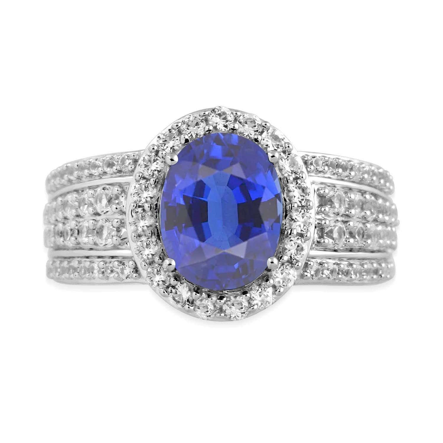 Jewelili Sterling Silver 9x7 MM Oval Cut Created Ceylon Sapphire and Round Created White Sapphire Engagement Ring, Size 7
