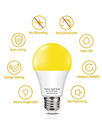 Yellow LED Bug Light Bulbs Outside, A19 LED Yellow Bug Bulb Outdoor 60W Equivalent, 9W Yellow Amber Bug Lights E26 Base Porch Lights, Non-Dimmable LED Lighting for Home, Patio, Deck, Backyard, 4 Pack