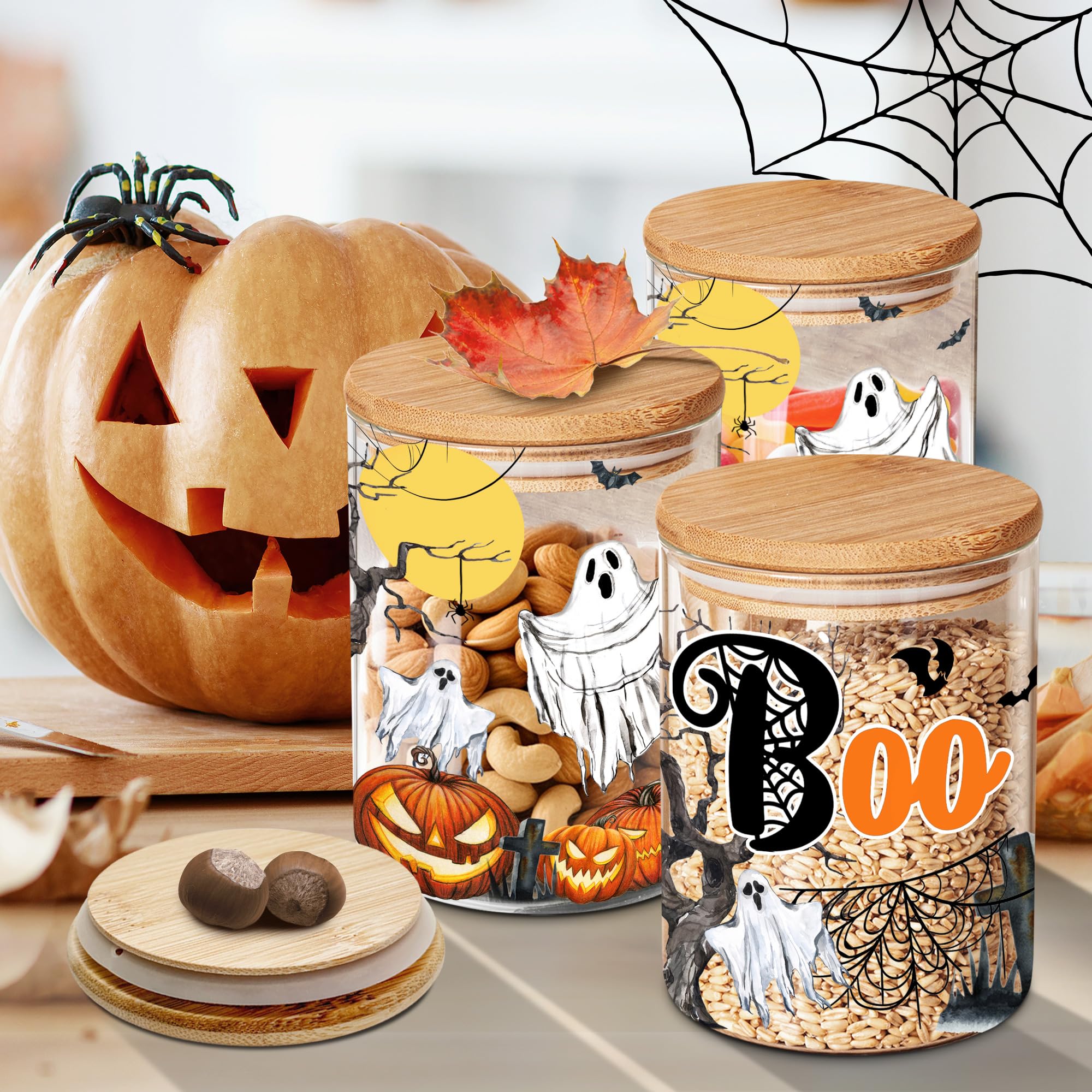 Hexagram 3-Pack Glass Cookie Jar for Halloween Kitchen Decor, 23 oz Candy jar with Bamboo Lids, Canister Sets for Kitchen Counters