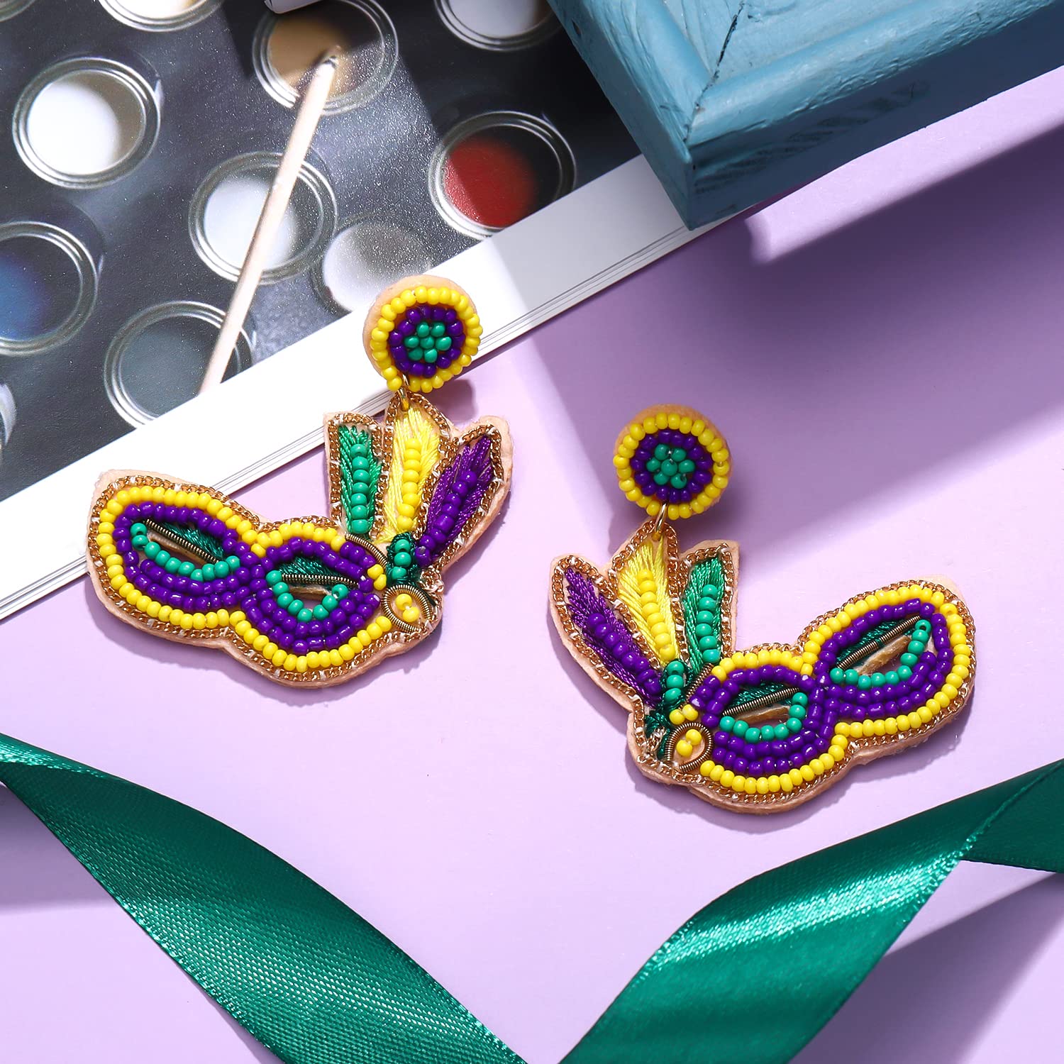 Mardi Gras Beaded Earrings Dangling Festival Boho Mask Llama Seed Bead Dangle Earrings Statement Fun Alpaca Drop Earrings for Women Carnival Parade Party Jewelry