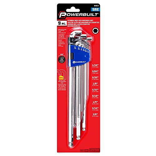 Powerbuilt 9 Piece SAE Stubby End, Extra Long Arm Ball End Hex Key Wrench Set, L-Wrenches for Tight Places, Storage - Blue 240099