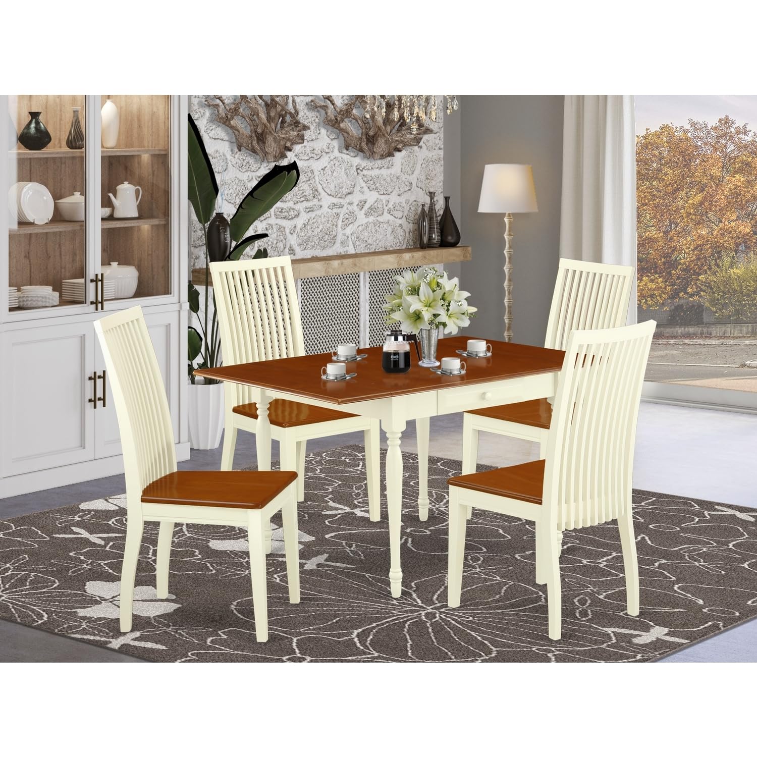 HomeStock Urban Upmarket 5 Pieces Dining Table Set - Strong Drop Leaf Solid Wood Dining Table and 4 Solid Wood Seat Kitchen Chairs, Buttermilk and Cherry Finish