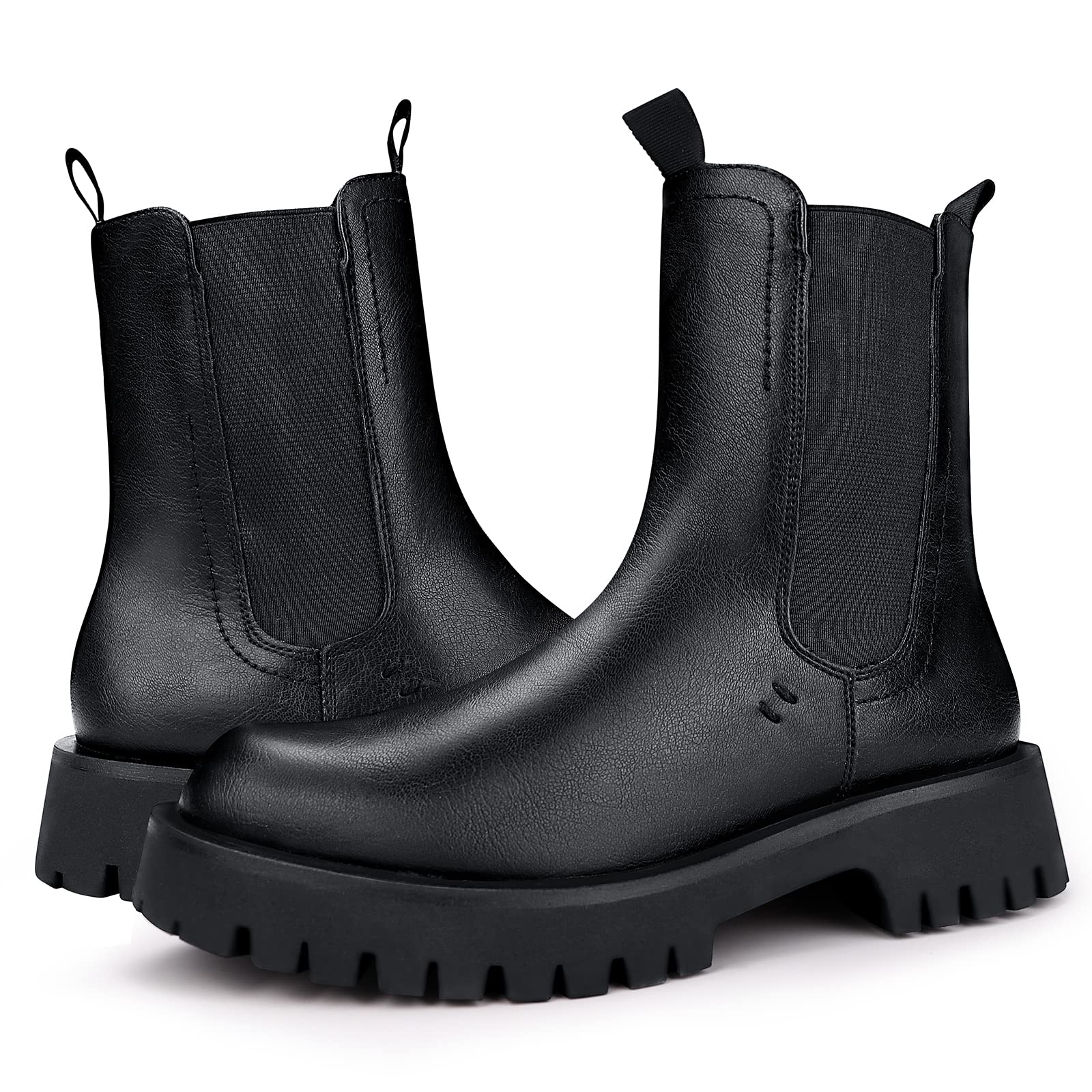 ISOMEI Women's Chelsea Boots Ankle Boots For Women Platform Chunky Heel Lug Sole Elastic Slip on Chelsea Booties(Black,8)
