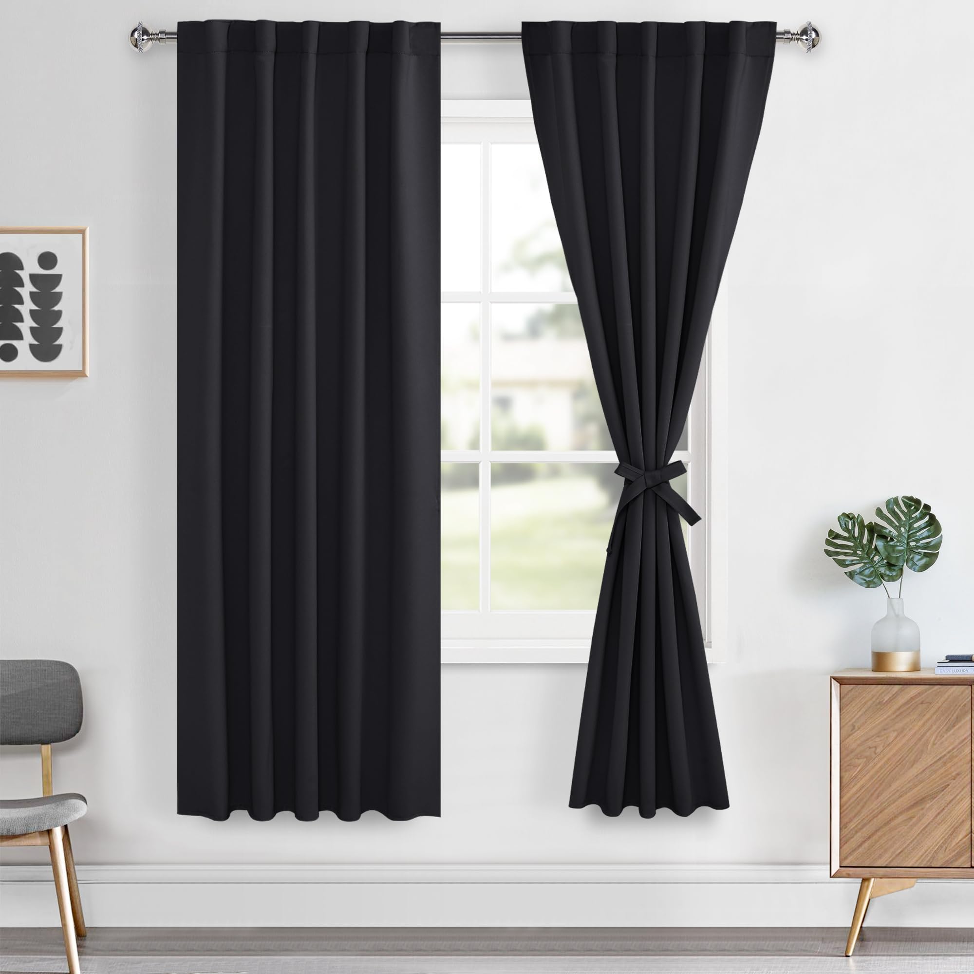 Hiasan Back Tab and Rod Pocket Blackout Curtains Sewn with Tiebacks - Thermal Insulated Room Darkening Curtains for Bedroom 42x63 Inch, Black, 2 Panels