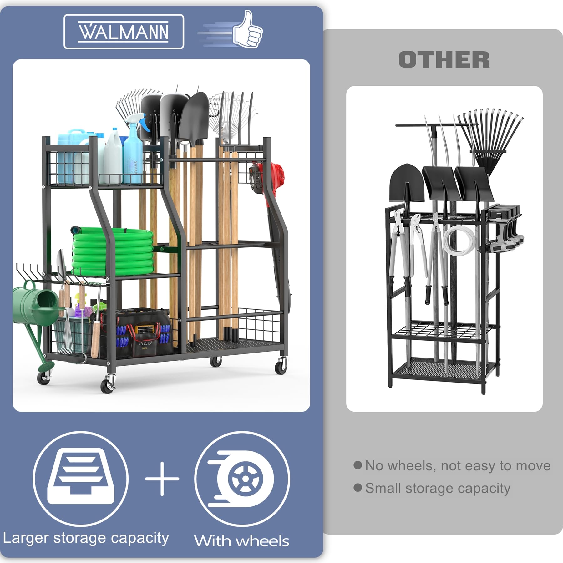WALMANN Garden Tool Organizer with Wheels for Garage, Large Storage Capacity, Rakes/Shovels/Yard Tools Storage Stand for Shed, Garden, Indoor/Outdoor Long-Handled Tools Rolling Cart