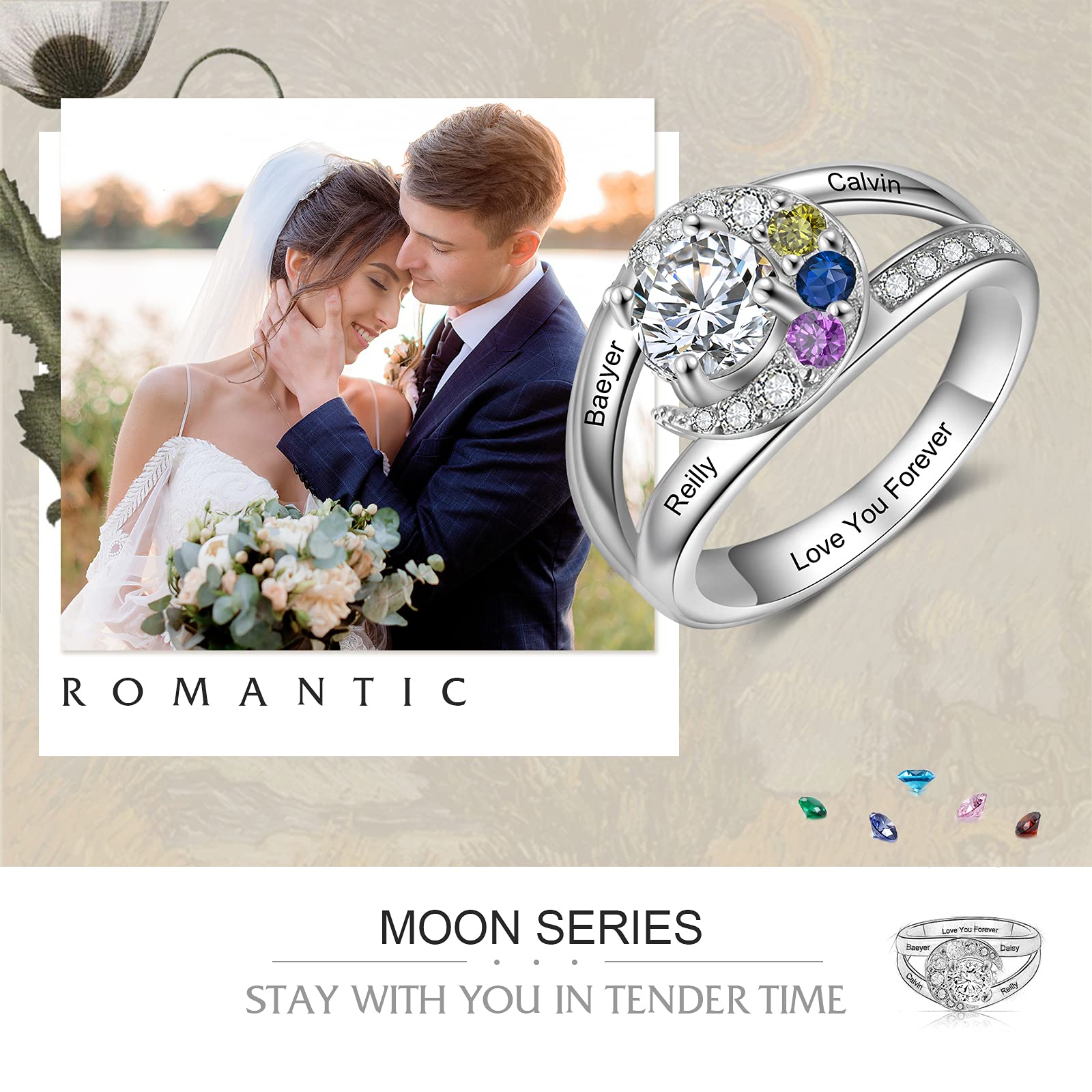 JewelOra Personalized Promise Ring for Her Custom Moon Engagement Ring with Simulated Birthstones Engraved Names Wedding Ring Jewelry Gift for Women Mom(4 names, 9)