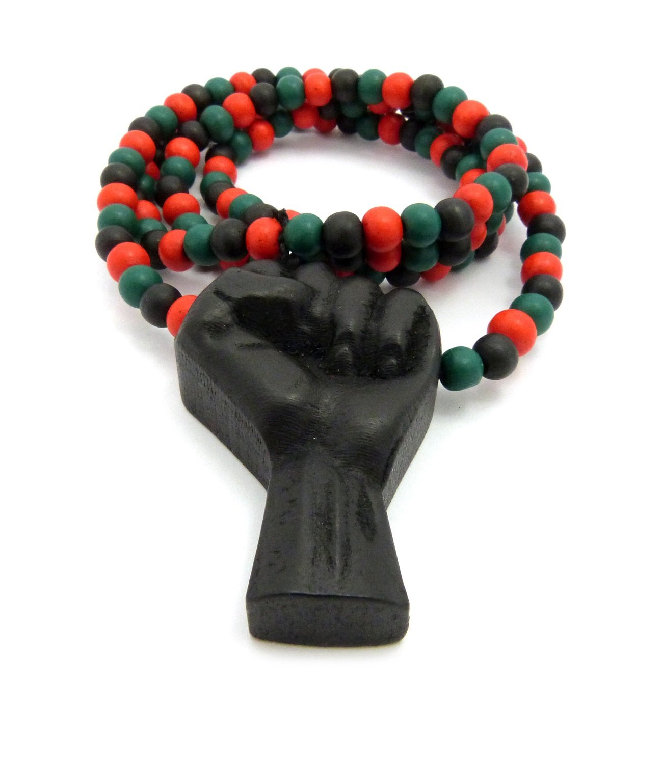 Hip Hop Rising Fist Pendant 8 mm 24, 27, 30 inches Wooden Bead Necklace (Multi Beads, 36)