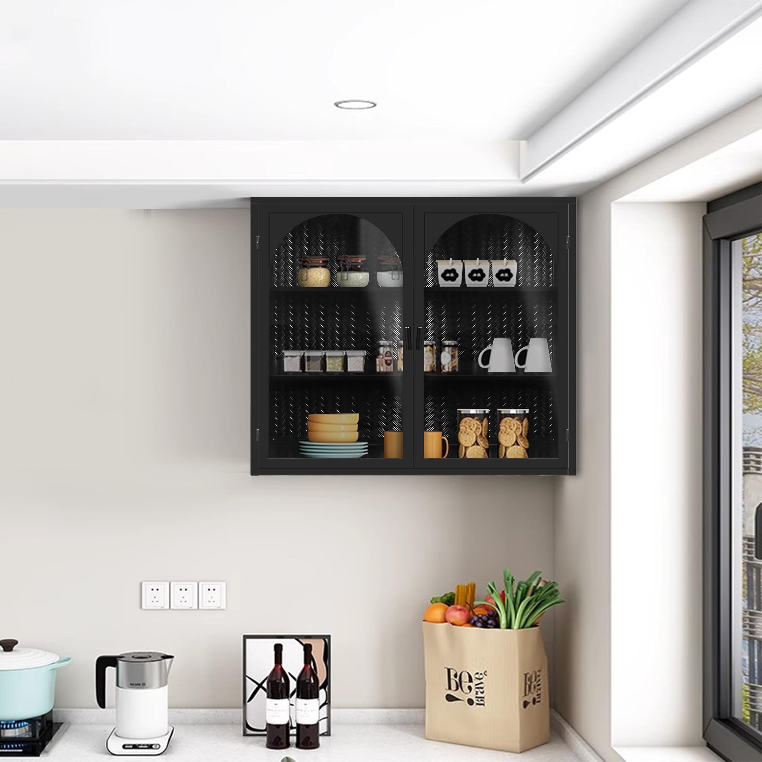 HXCQYGL Glass Doors Modern Two-Door Wall Cabinet with Featuring Three-Tier Storage for Entryway Living Room Bathroom Dining Room, Wall Cabinet with Characteristic Woven Pattern, 27.56" (Black)