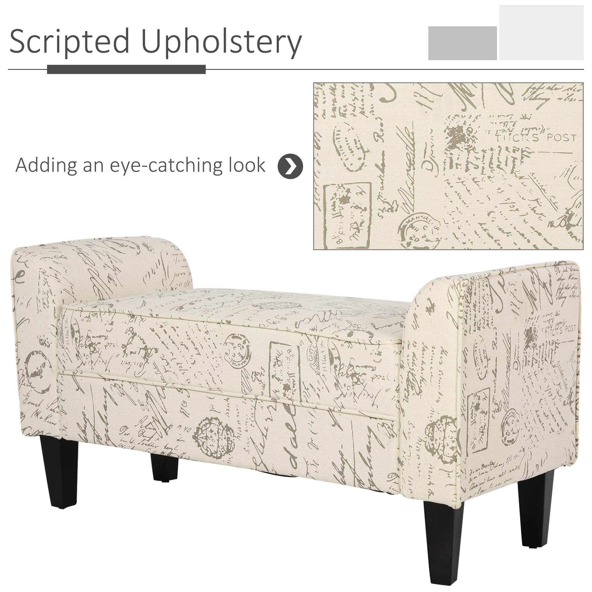 HOMCOM 42" Ottoman Bench, Modern Linen Armed Entryway Bench, Signature Print with Cream White Parchment Background