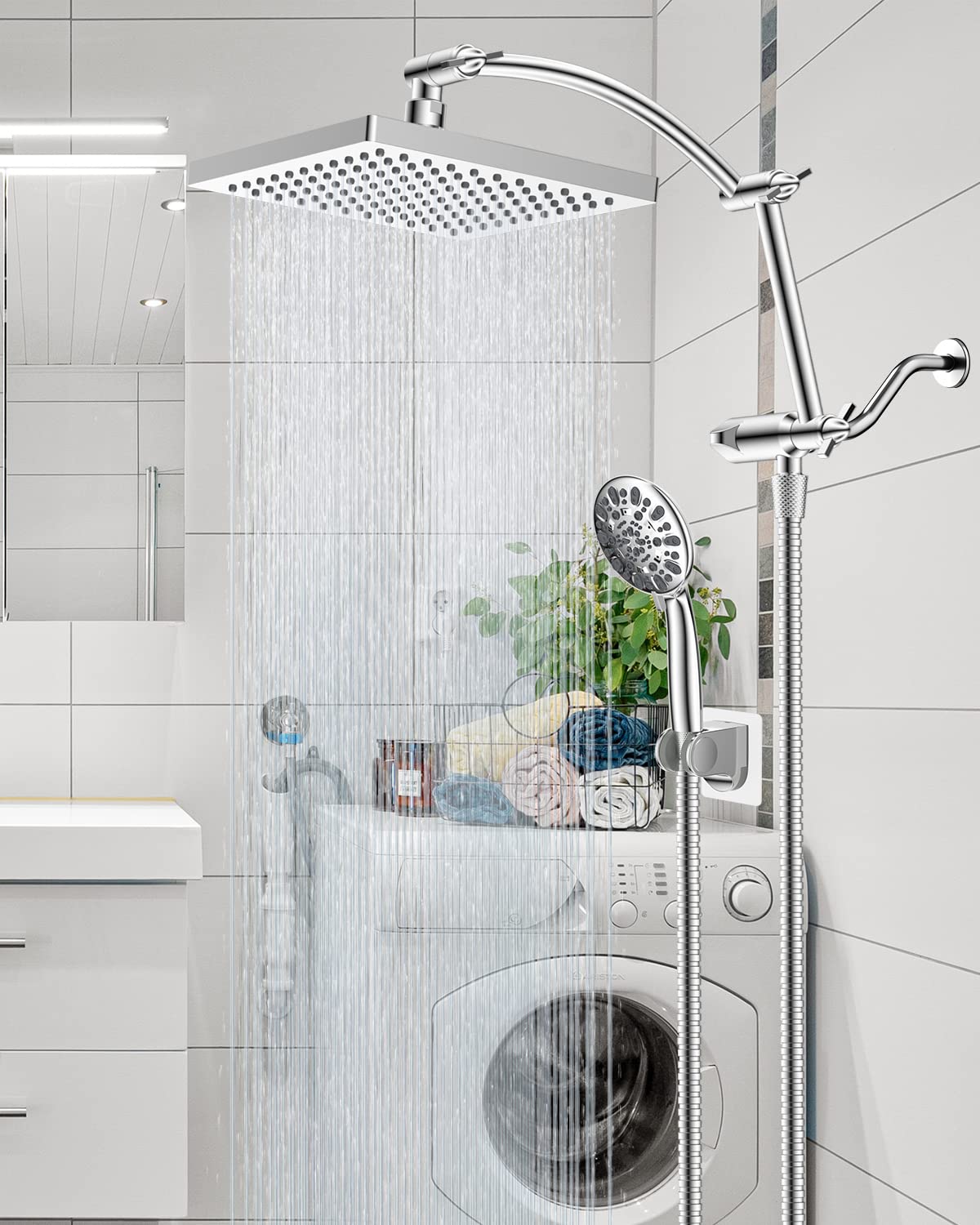 Hibbent High Pressure 8 Inch Rainfall Shower Head/Handheld Showerhead Combo/Adjustable Shower Extension Arm, 7-Spray, 71 Inch Shower Hose, Chrome