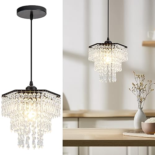 HongnuoFc 3-Tier Crystal Chandeliers Modern Mini Flush Mount Ceiling Light Fixture Hexagon Small Crystal Chandelier for Dining Room Kitchen Closet Hallway (Black, E26)