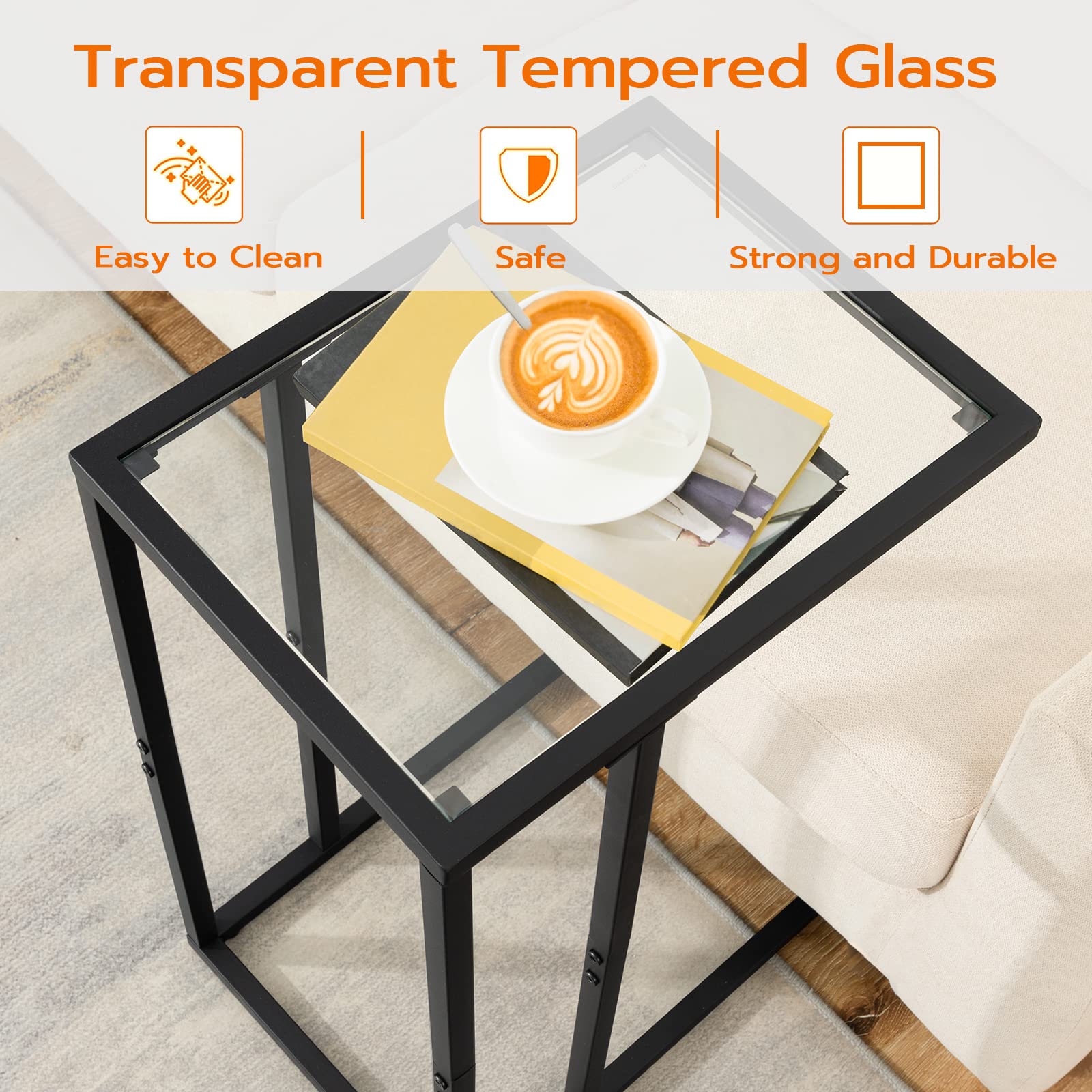 HOOBRO C Shaped End Table, Tempered Glass Snack Side Table with Metal Frame, TV Tray Table for Small Space, Sofa Couch and Bed, Modern Style, White WT03SF01