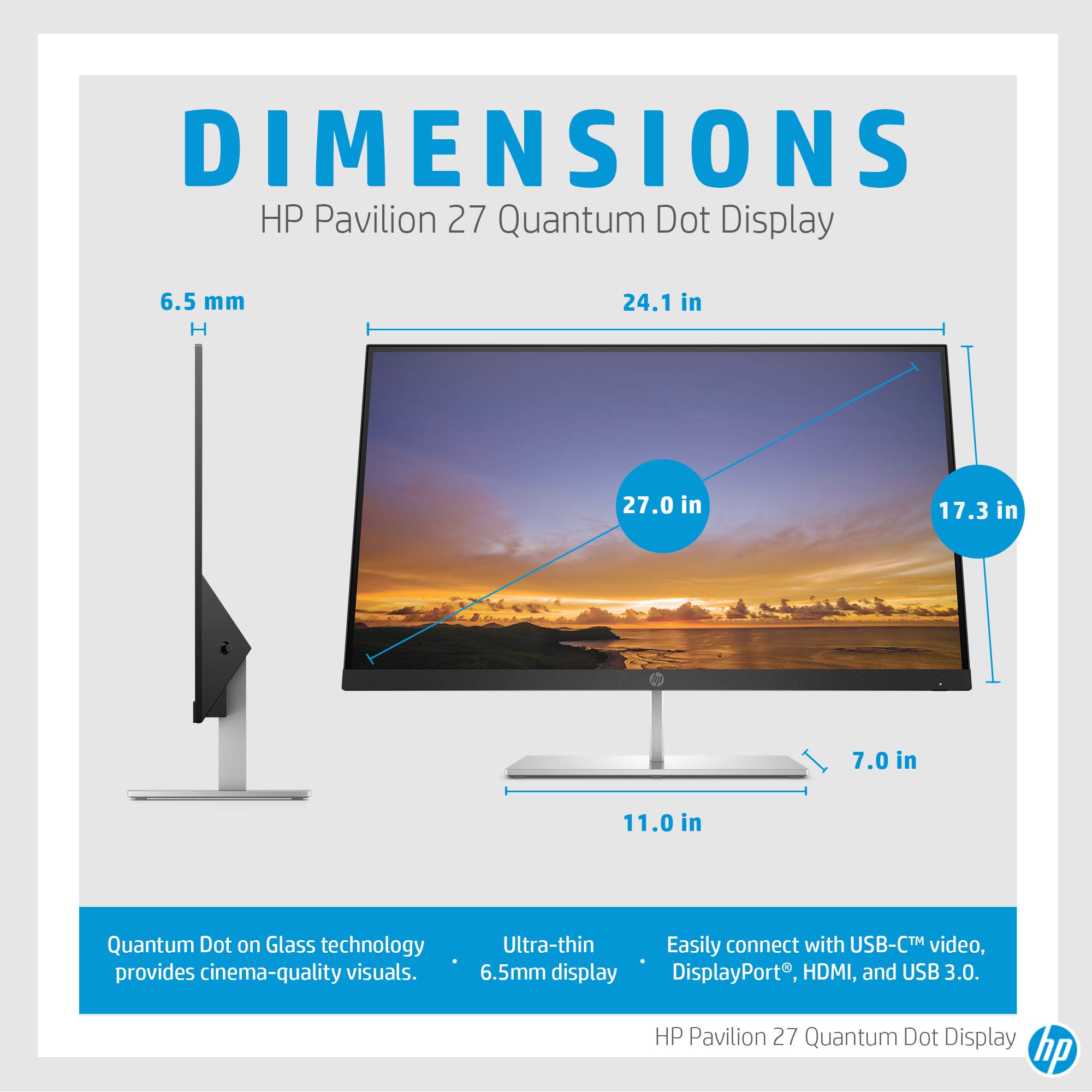 HP Pavilion 27 Quantum Dot Display, VESA Certified HDR, Quantum Dot Resolution, DCI-P3 Technology, Ultra-Thin Design (5DQ99AA)