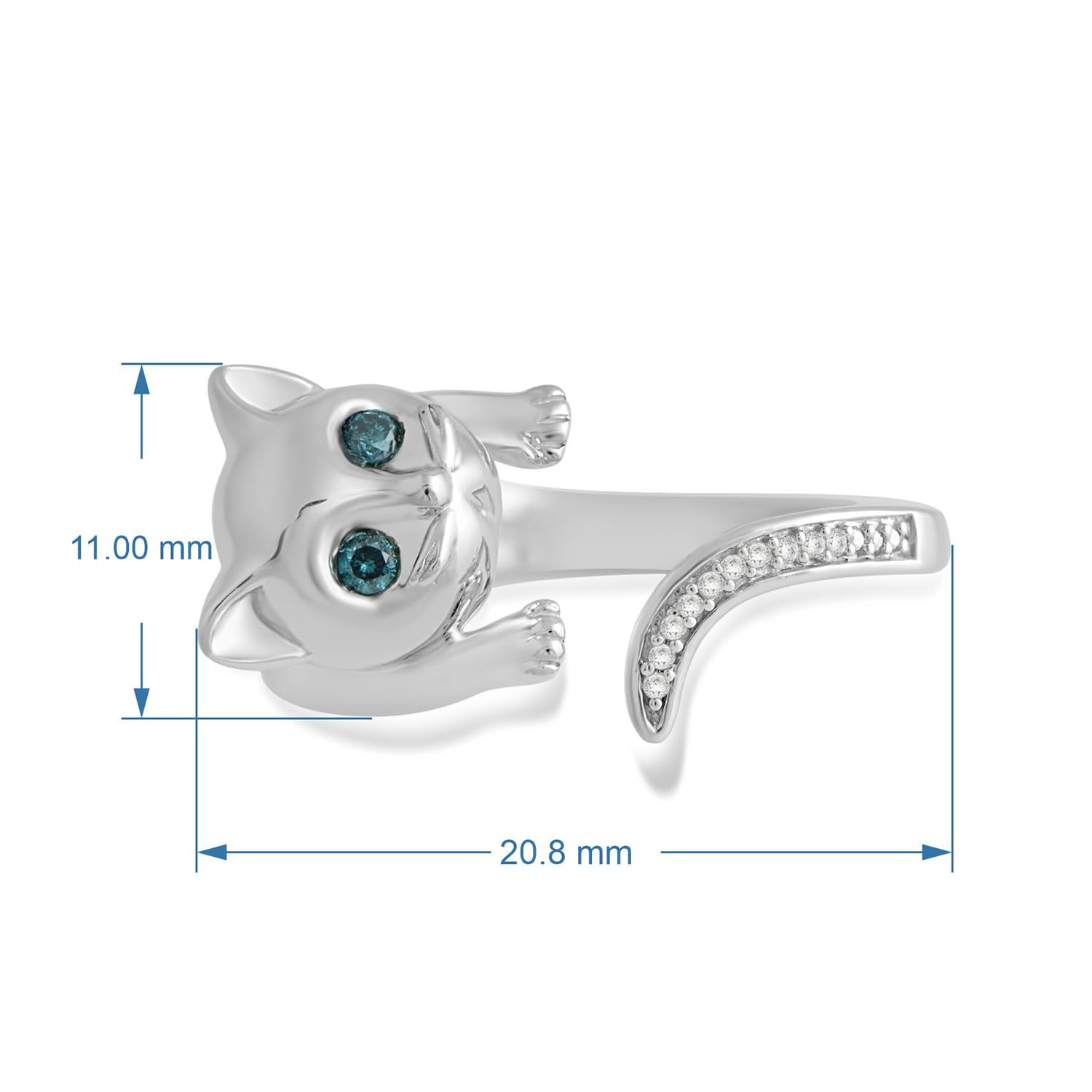 Jewelili Sterling Silver Natural Blue and White Round Diamonds Cat Ring, Size 7