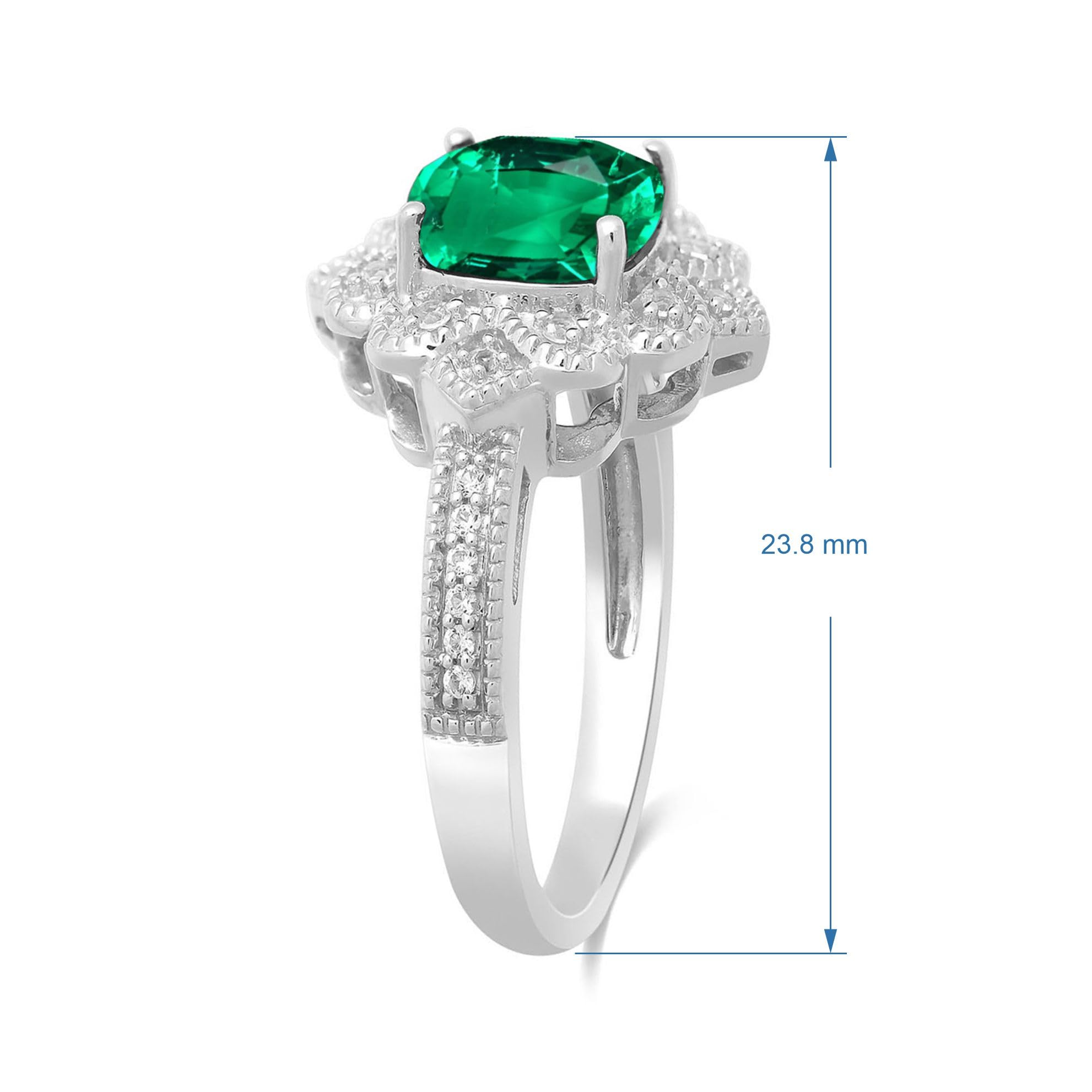 Jewelili Sterling Silver 8x8 MM Cushion Shape Created Emerald and 1/6 Cttw Natural White Round Diamond Ring, Size 7