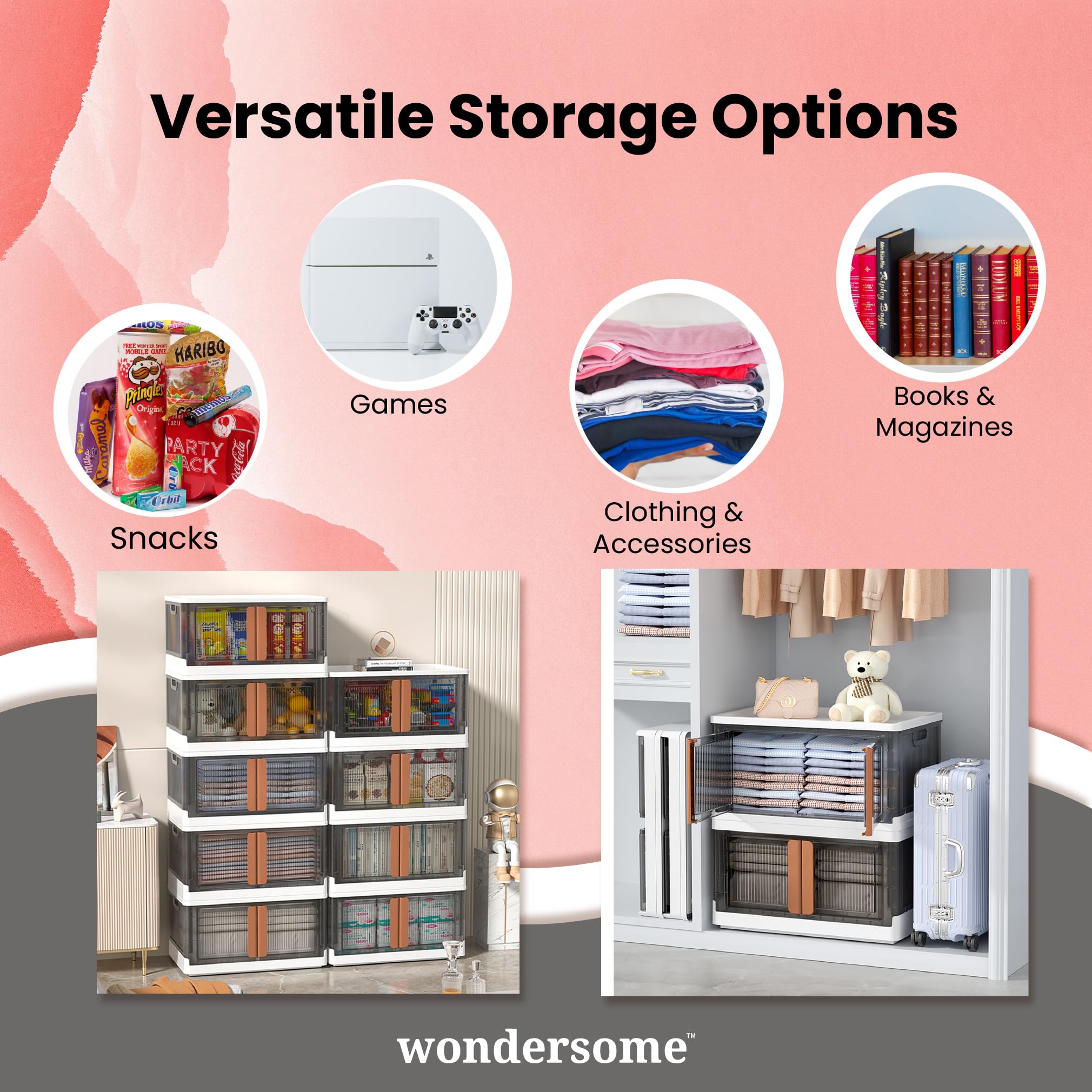 Wondersome Collapsible Storage Bins - 6-Pack of Extra-Large 19-Gallon/76-Quart Stackable Wheeled Clothing, Shoe, Bedroom, Office Organizer - Foldable Containers - Assembles in Second - US-Based Brand