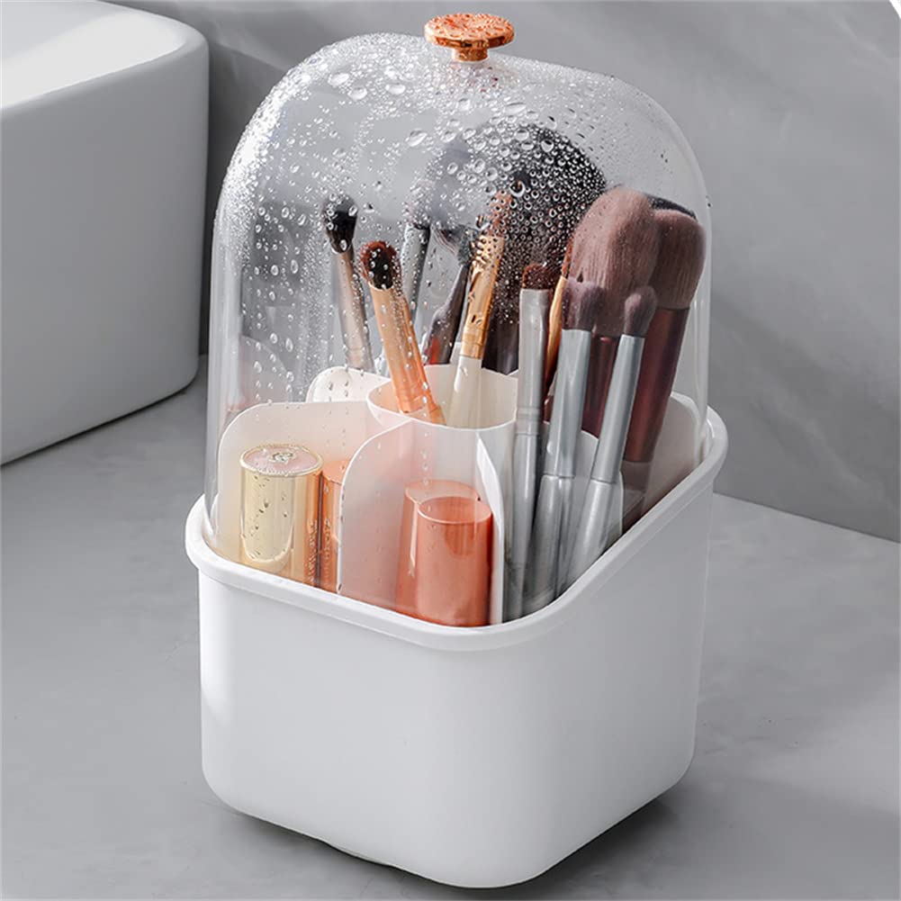 Srutirbo Makeup Brush Holder 360 Degree Rotating Brush Organizer with Clear Lid, Brush Storage Box Dust Proof Makeup Organizer for Bathroom, Vanity, Makeup Container (Square White)