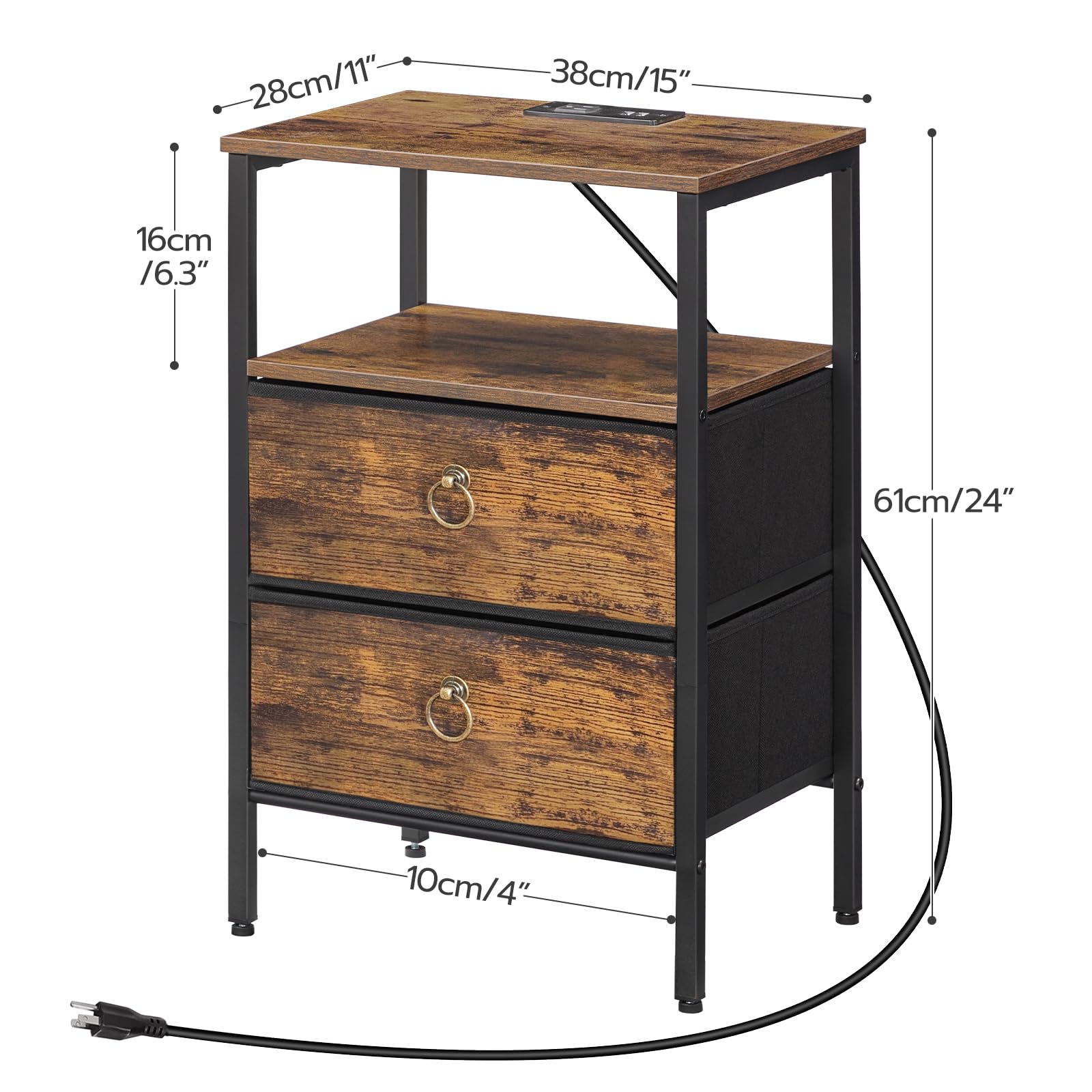 HOOBRO Nightstand with Charging Station, Set of 2, Fabric Drawers, 2-Tier Side Table, End Table with Socket and USB Ports, Bedside Table for Bedroom, Study Room, Rustic Brown and Black BF49UBZP201