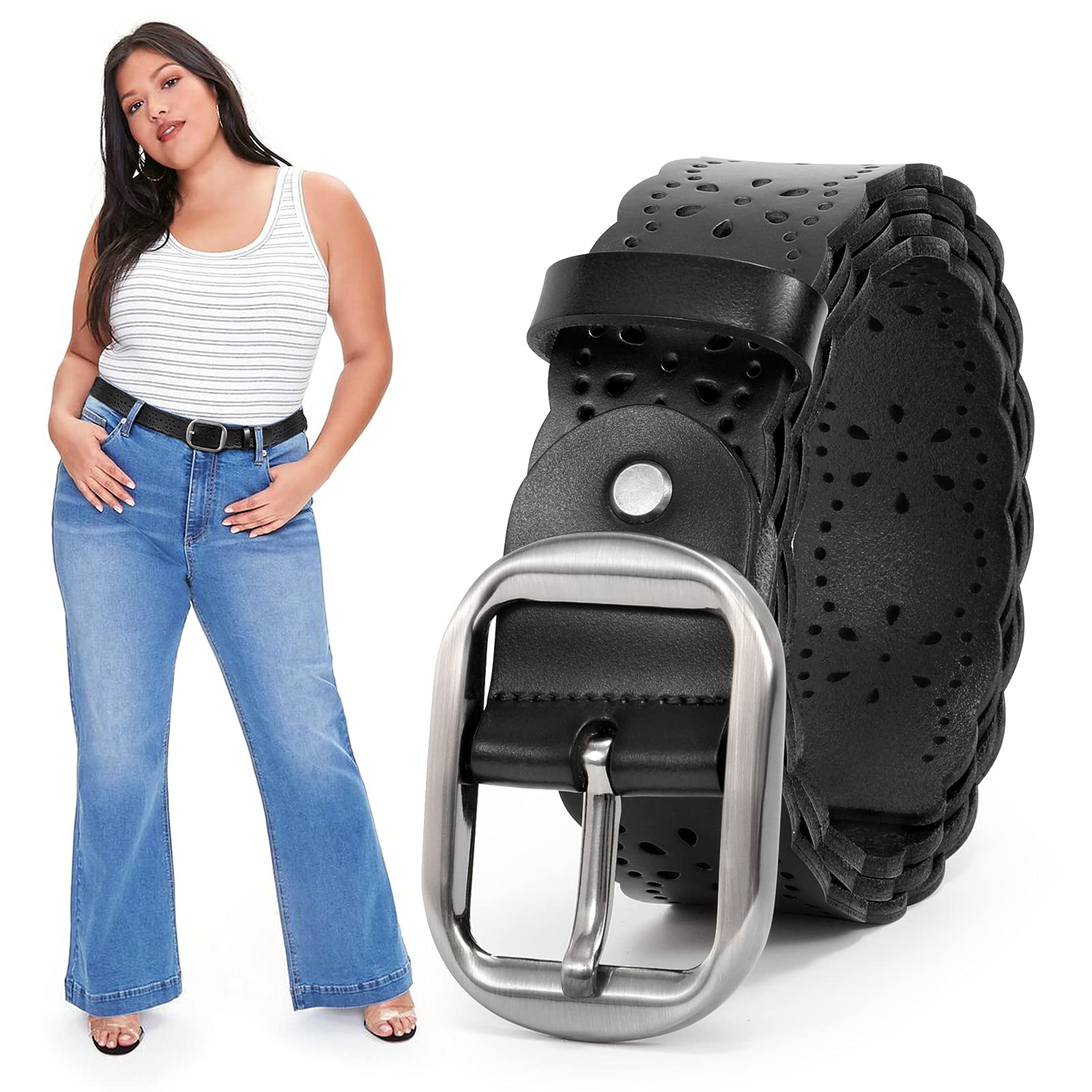 JASGOOD Women's Plus Size Belt, Hollow Flower Leather Belt for Jeans Pants Wide Belt with Metal Buckle