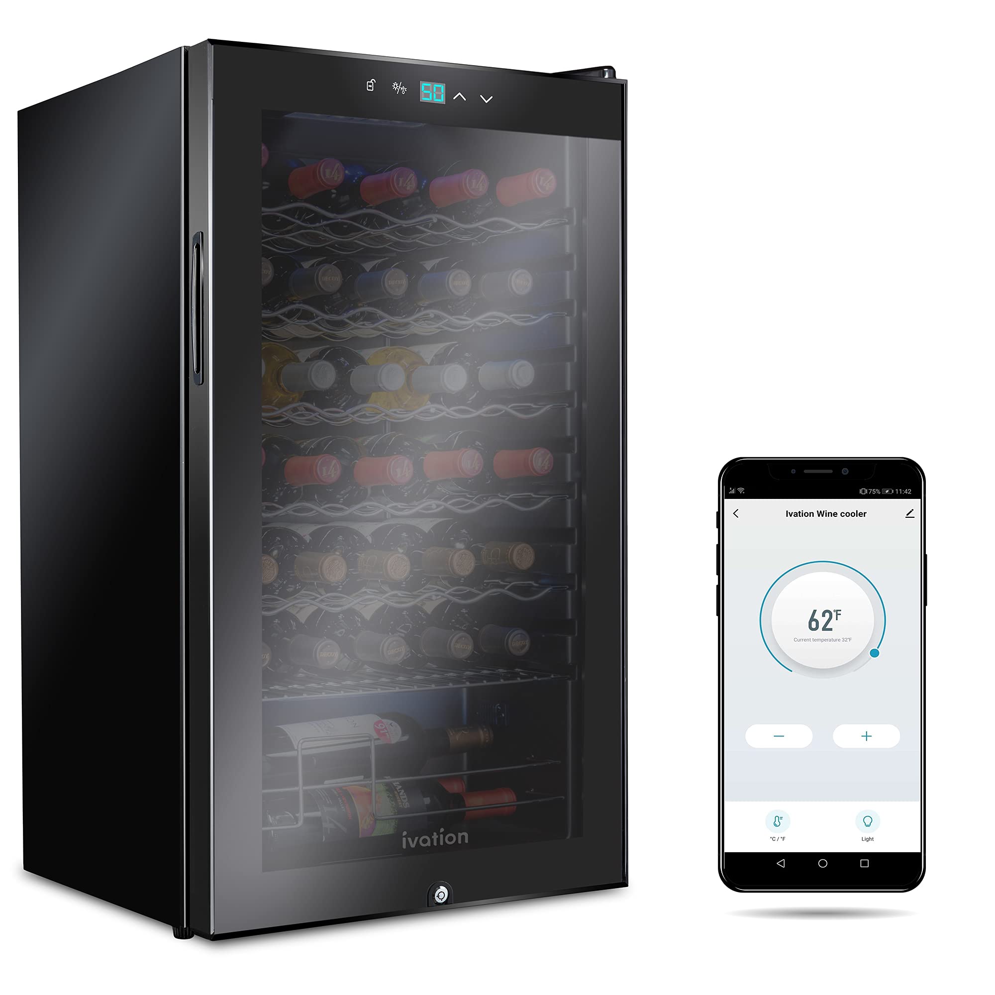 Ivation 28 Bottle Compressor Wine Cooler Refrigerator with Wi-Fi Smart App Control Cooling System | Large Freestanding Wine Cellar Fridge For Red White Champagne or Sparkling, Black Glass Door & Lock