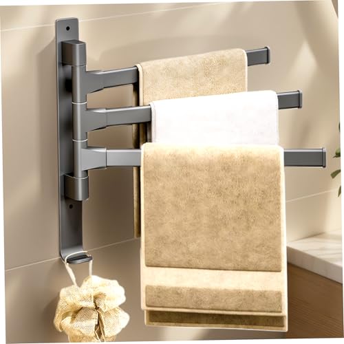 Swivel Towel Rack, 12" 3-Arm Wall Mounted Towel Rack, 180 Degree Swing Out Bathroom Towel Rack for Multiple Towels, Anti-Slip Towel Bar with Hook for Bathroom, Kitchen, Wall(Gun-Grey)