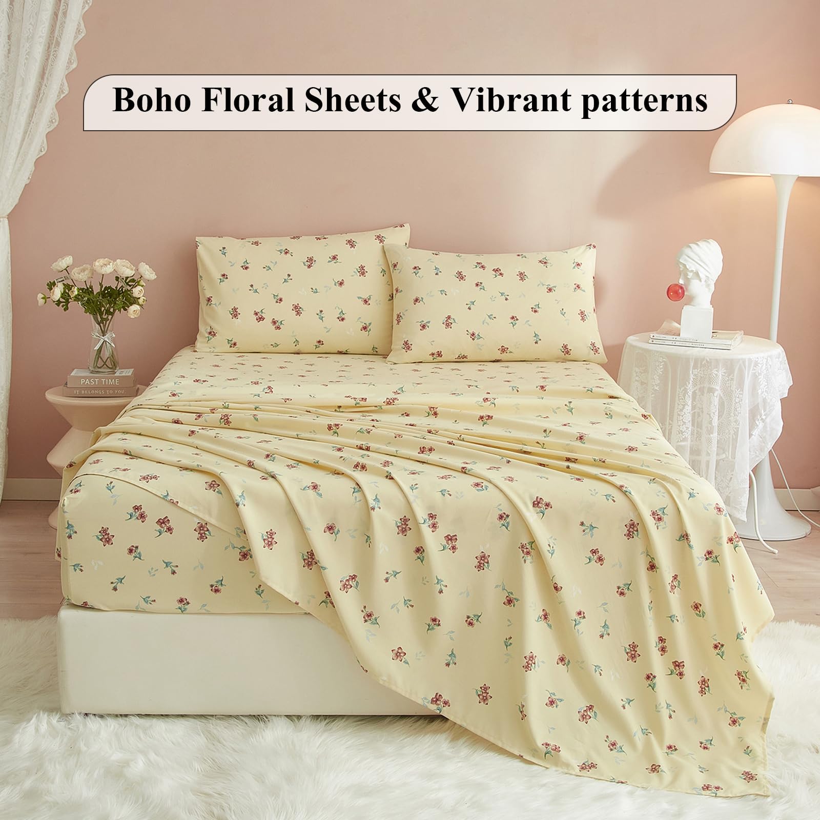 HIGHBUY Extra Deep Pocket Full Sheets - 4 Piece Floral Sheets Bed Sheets Fit 16 Mattress - Luxury Soft Cooling Sheets Fitted Sheets Full Size,Deep Pocket Full Sheets,Yellow Floral Bed Sheets