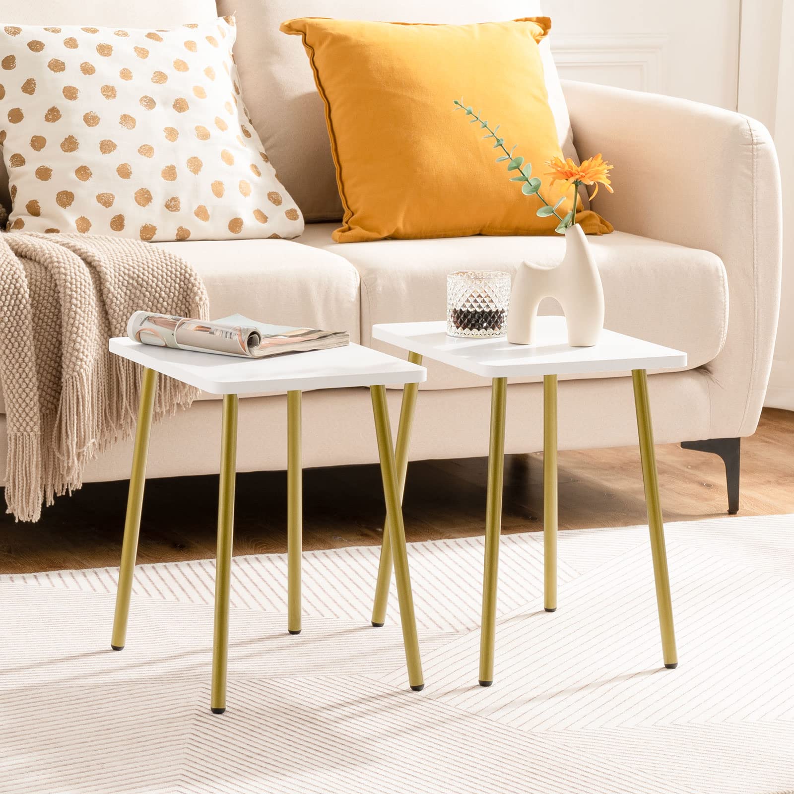 HOOBRO Side Table, Small White Accent End Table, Modern Nightstand for Living Room, Bedroom, Balcony, Easy Assembly, White and Gold DW87BZ01