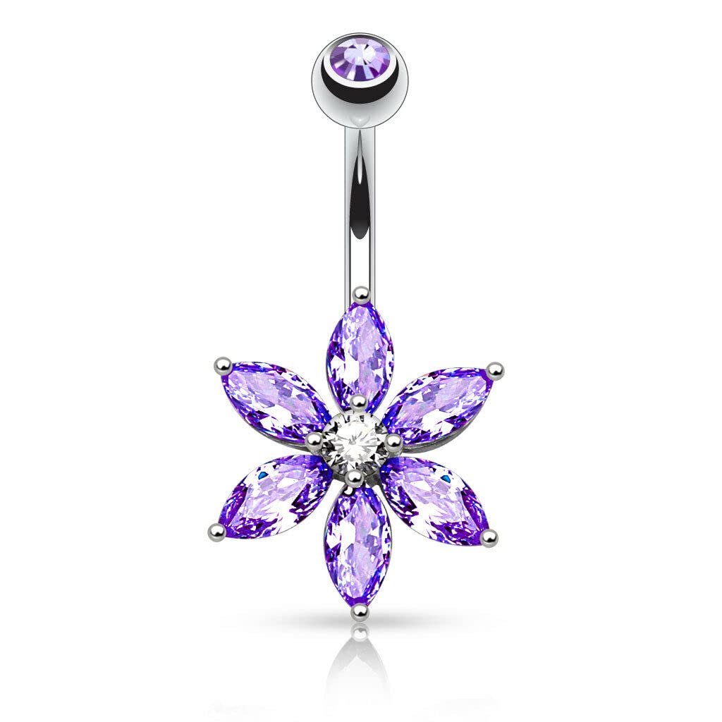 Marquise Cut CZ Flower Petal Surgical Steel Navel Belly Button Ring 14g 3/8" - Purple